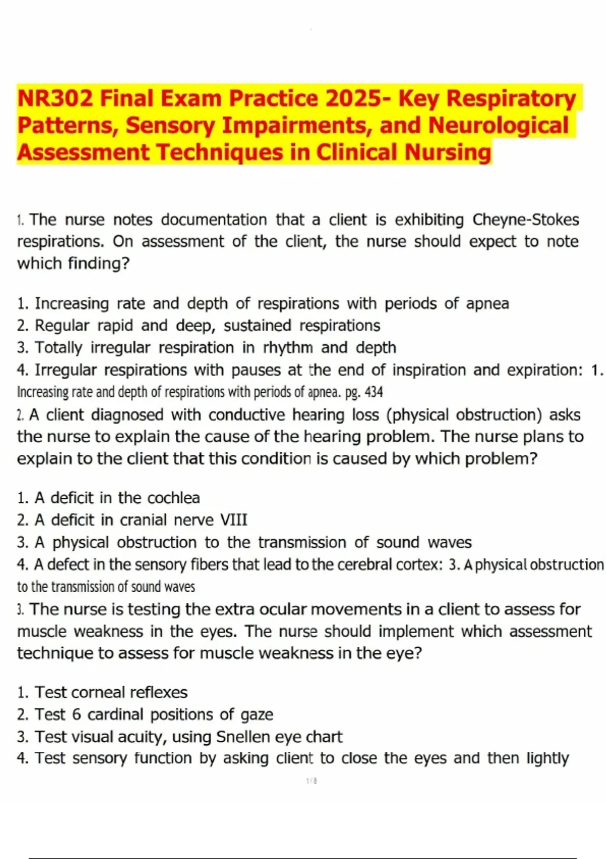 NR302 Final Exam Practice 2025- Key Respiratory Patterns, Sensory ...