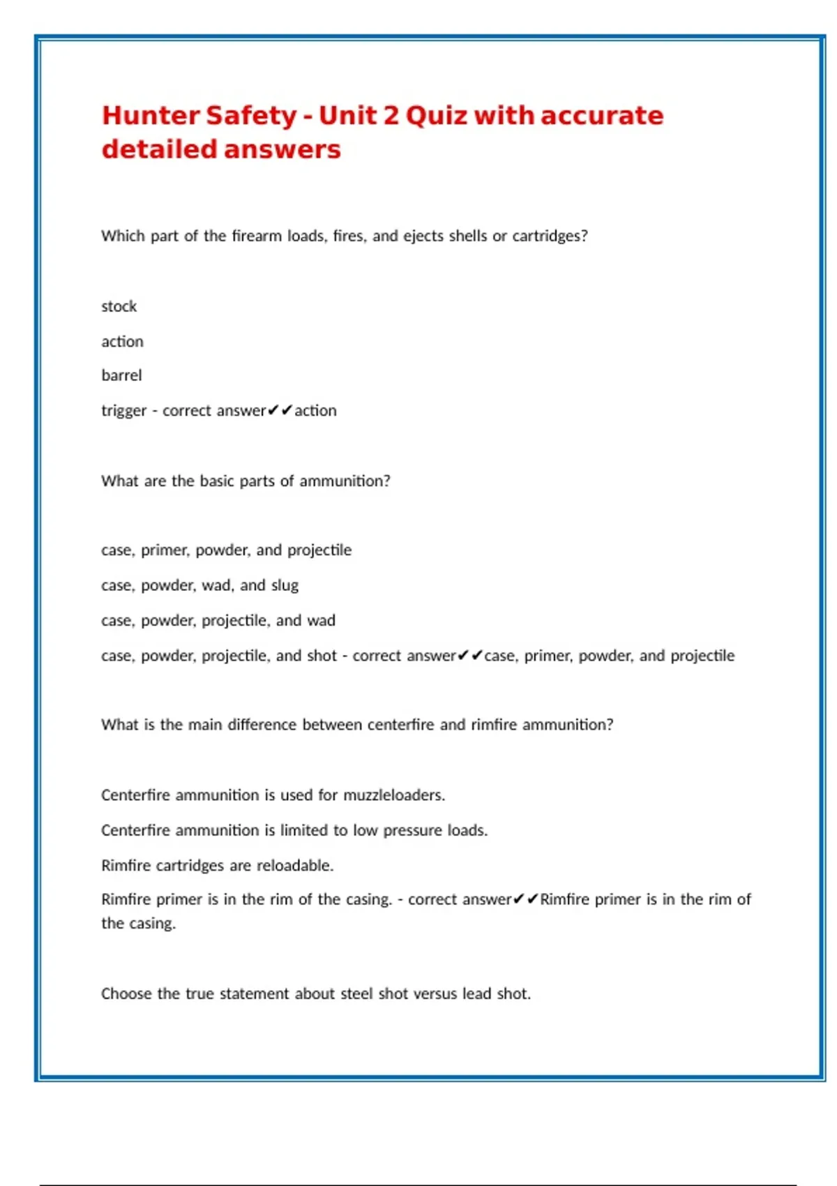 Hunter Safety - Unit 2 Quiz with accurate detailed answers - SC Hunter ...