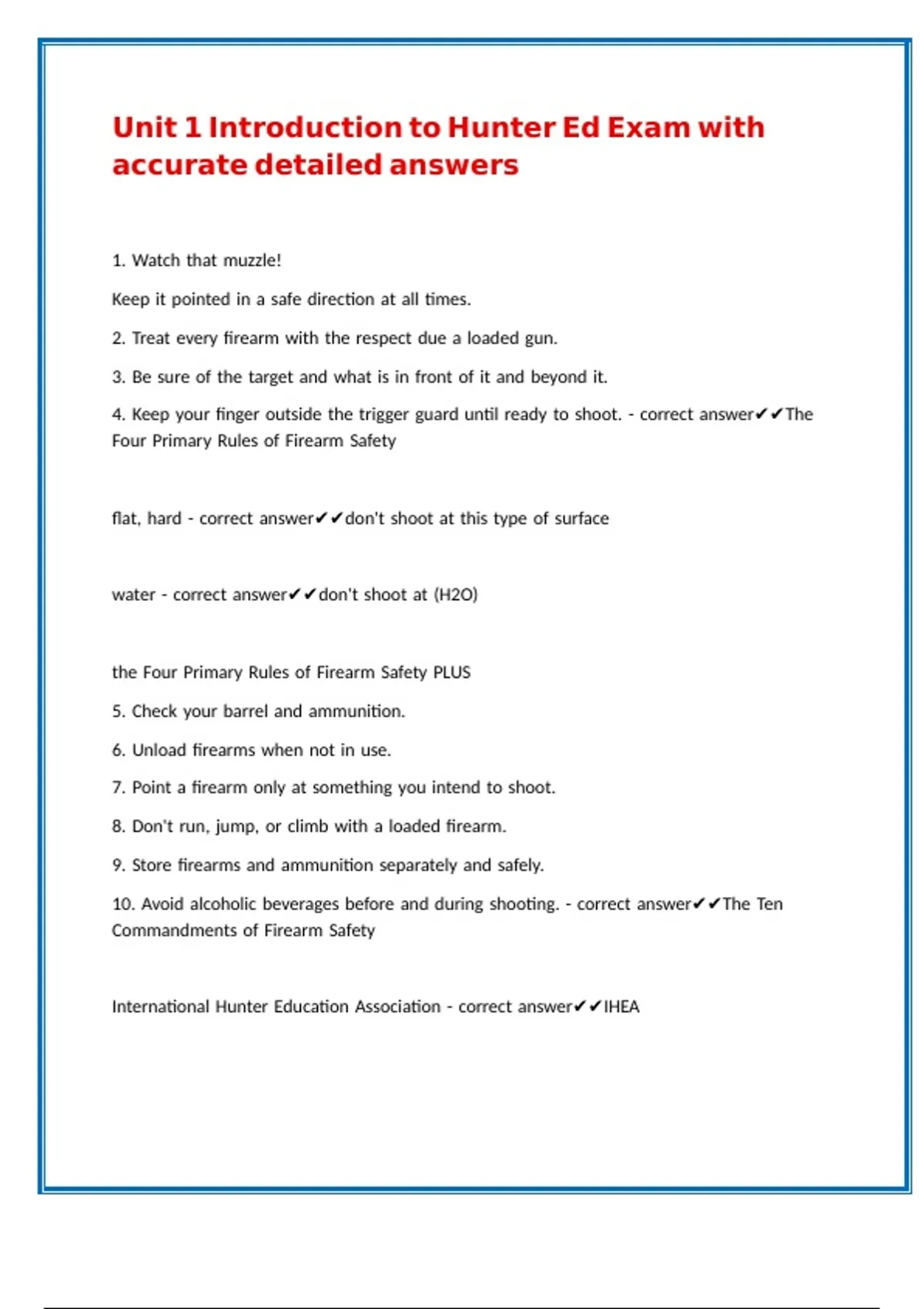 Unit 1 Introduction to Hunter Ed Exam with accurate detailed answers ...