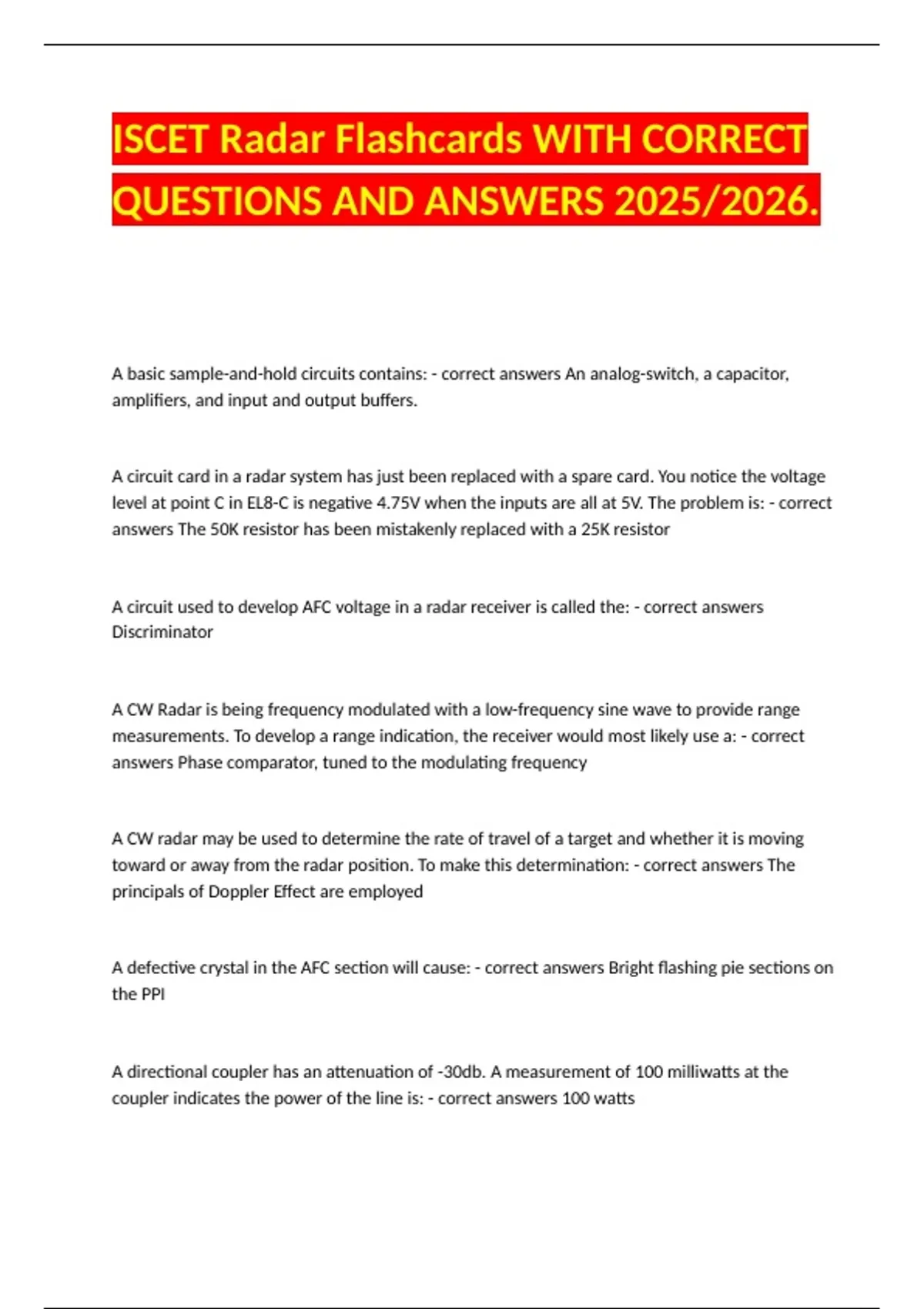 ISCET Radar Flashcards WITH CORRECT QUESTIONS AND ANSWERS 2025/2026 ...