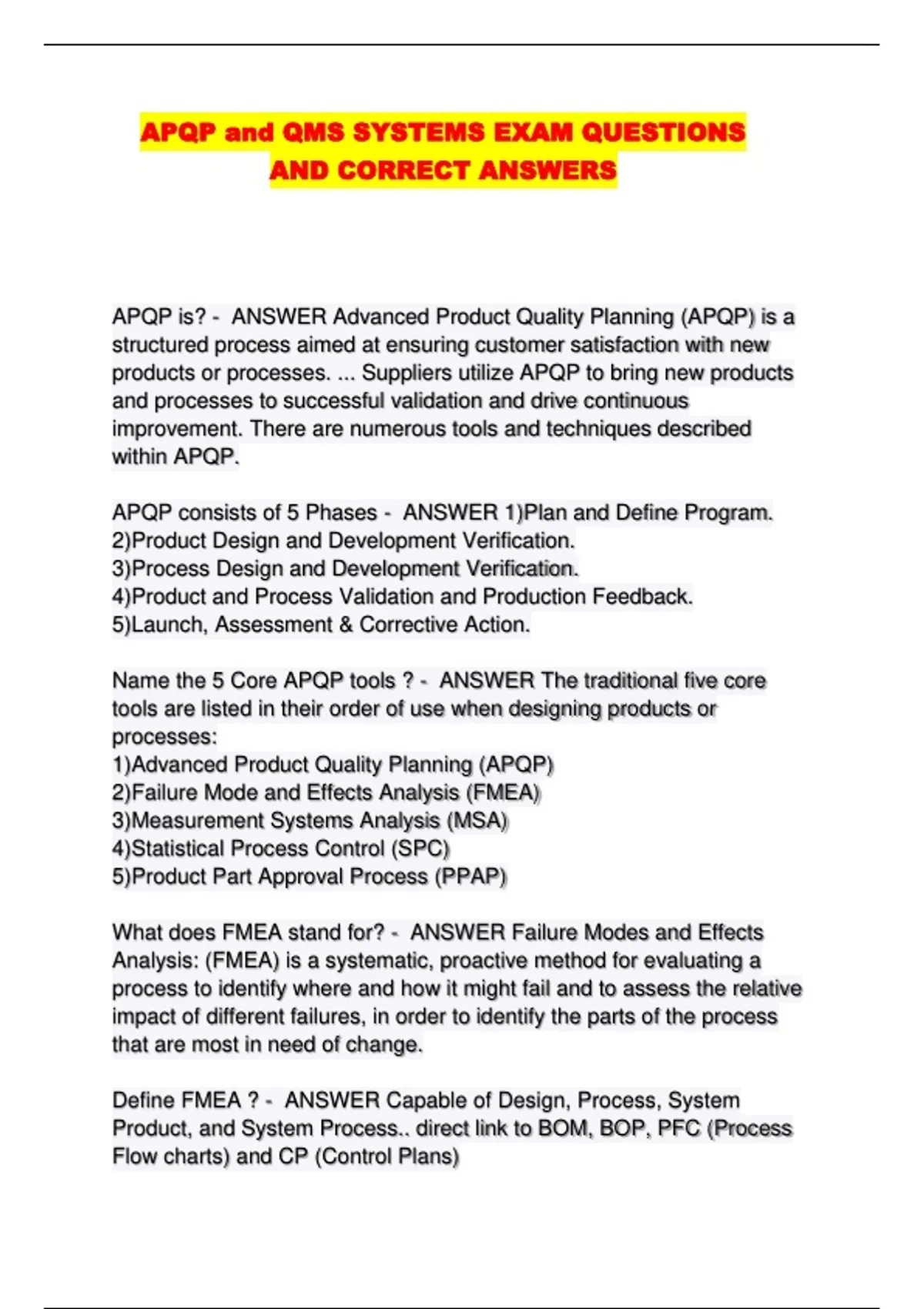 APQP and QMS SYSTEMS EXAM QUESTIONS AND CORRECT ANSWERS - APQP and QMS ...