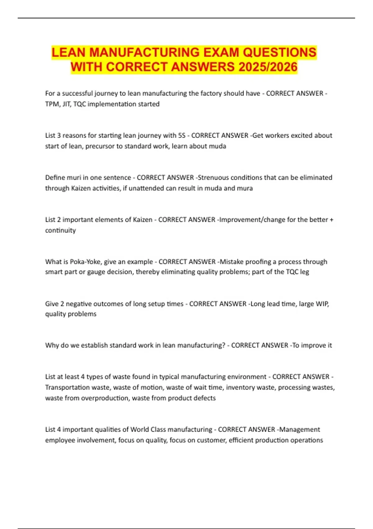LEAN MANUFACTURING EXAM QUESTIONS WITH CORRECT ANSWERS 2025/2026 - IND ...