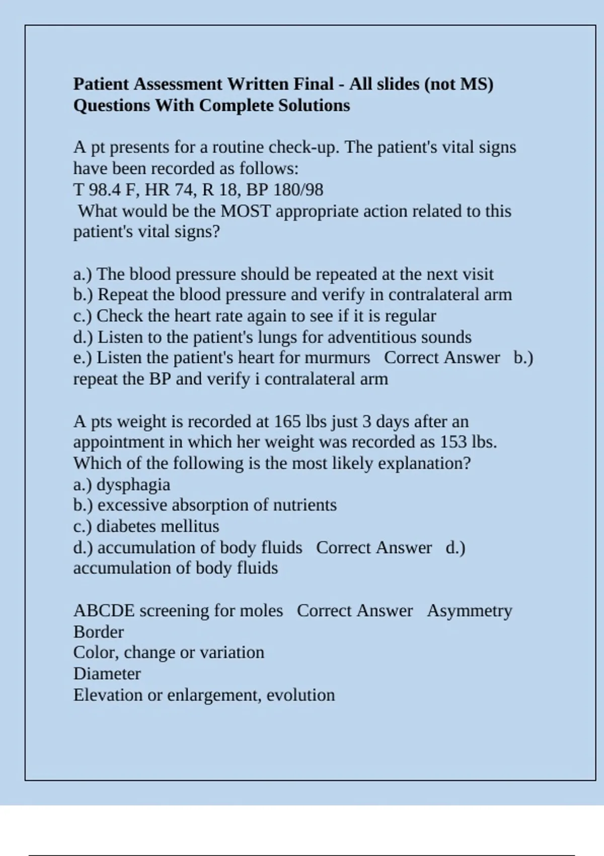 Patient Assessment Written Final - All slides (not MS) Questions With ...