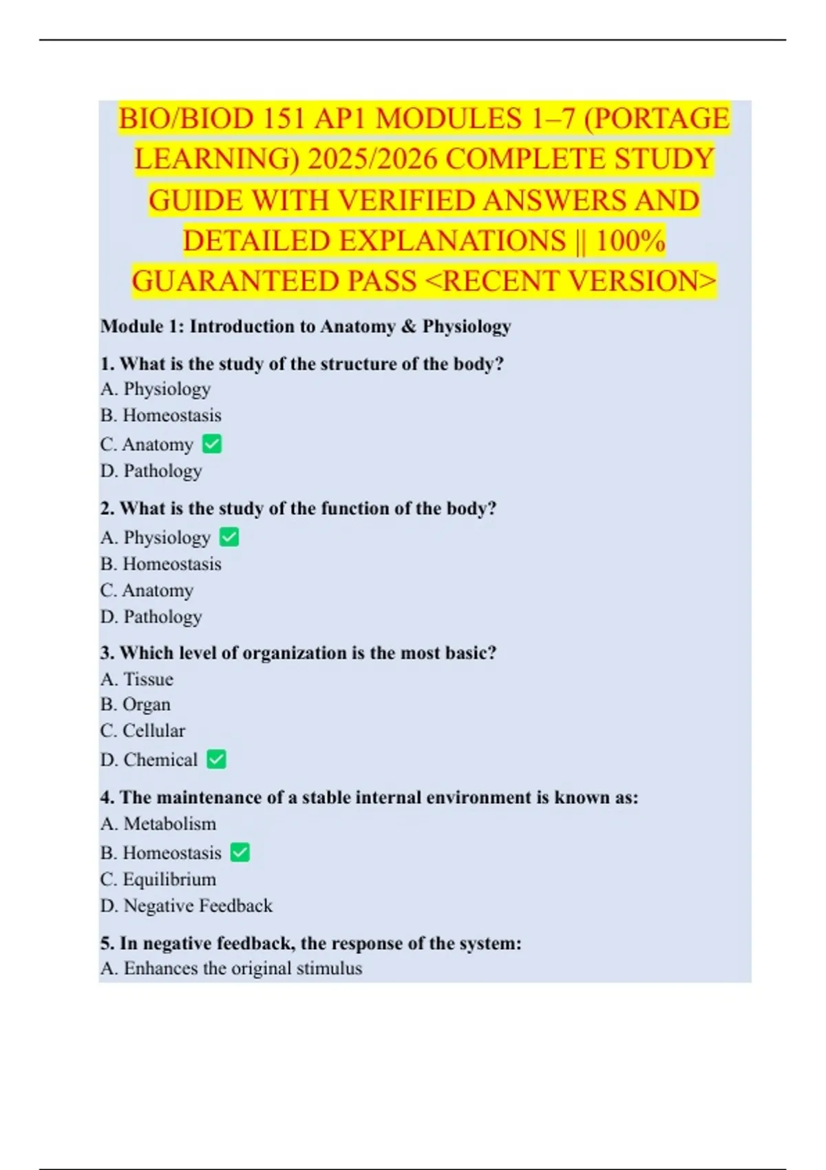 BIO/BIOD 151 AP1 MODULES 1–7 (PORTAGE LEARNING) 2025/2026 COMPLETE ...