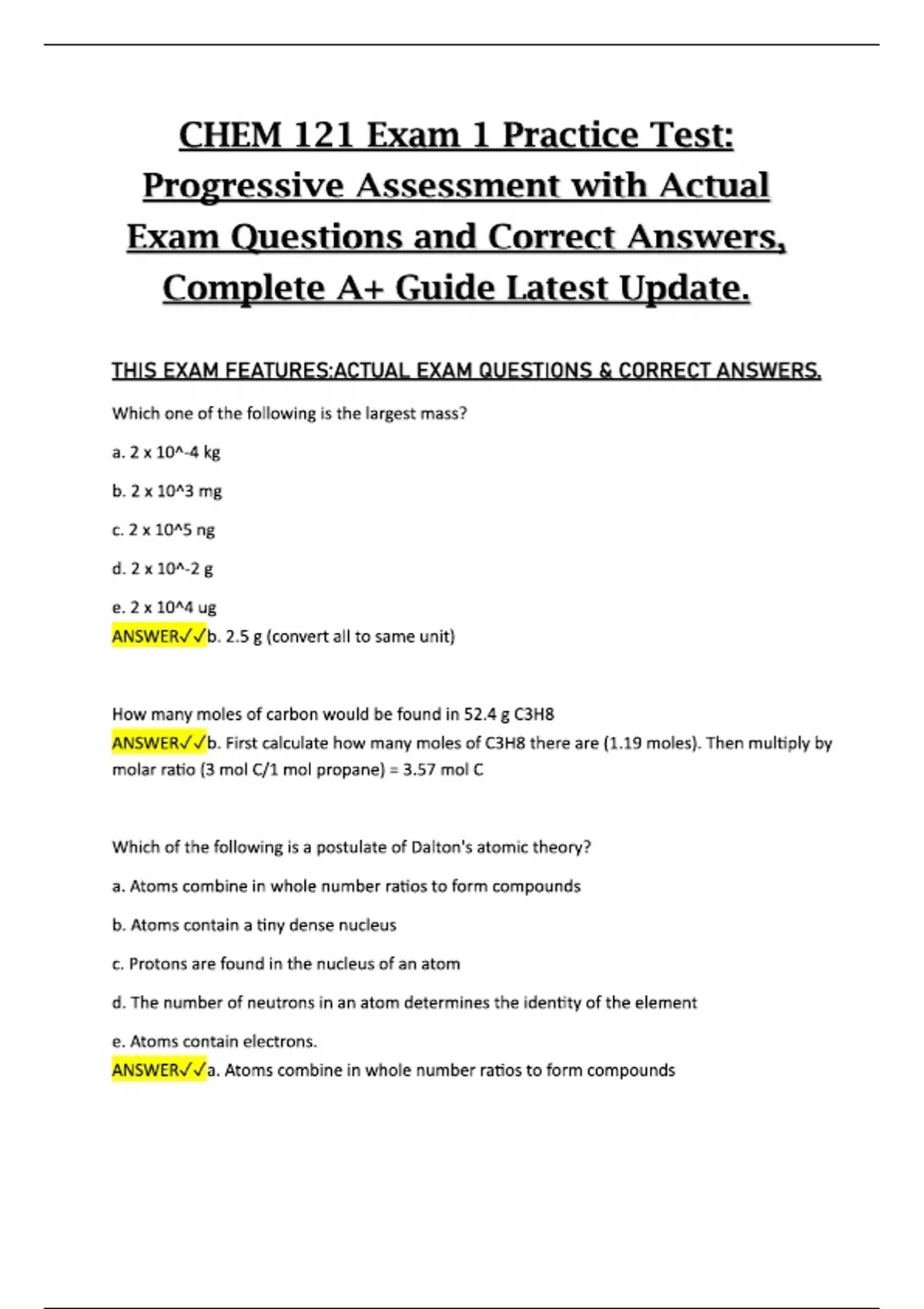 CHEM 121 Exam 1 Practice Test – Progressive Assessment with Actual Exam ...