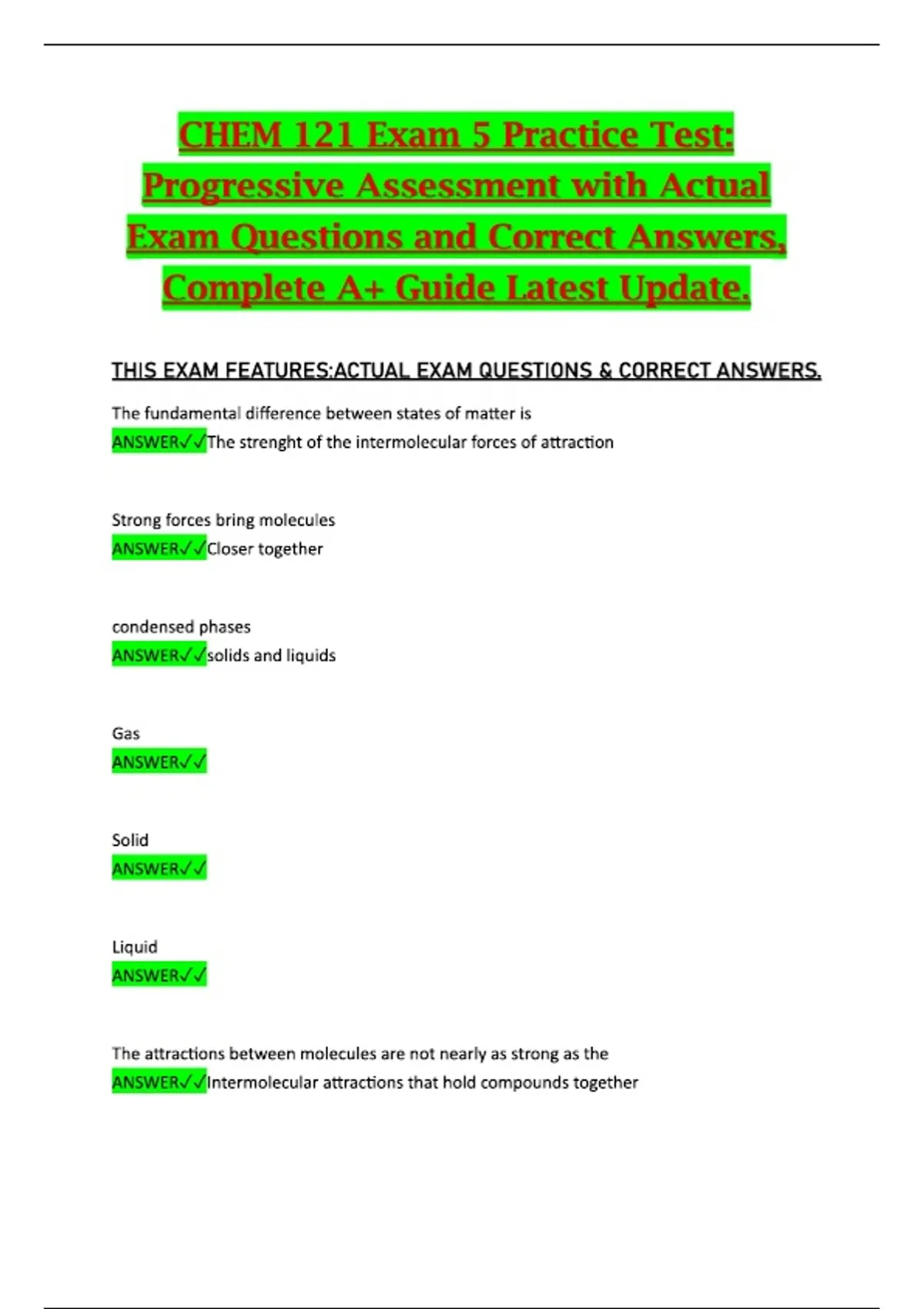 CHEM 121 Exam 5 Practice Test – Progressive Assessment with Actual Exam ...