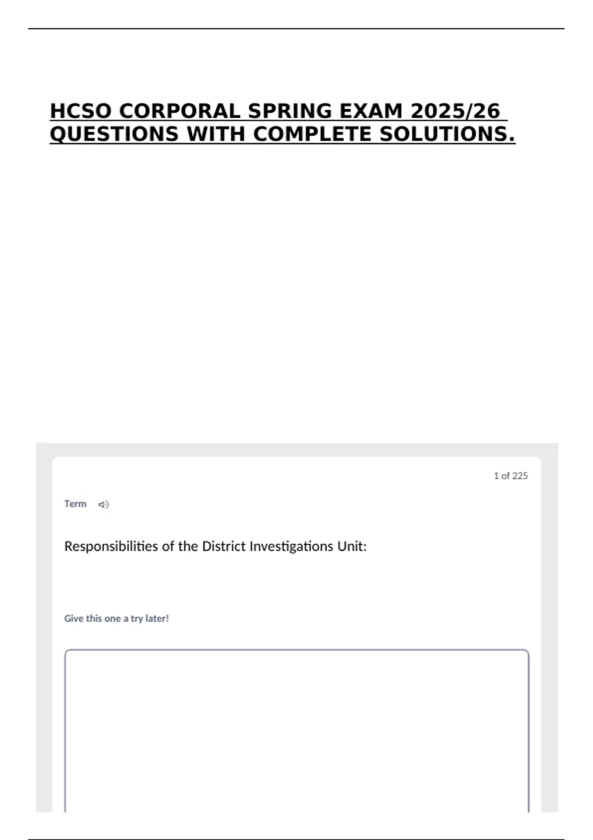 HCSO CORPORAL SPRING EXAM 2025/26 QUESTIONS WITH COMPLETE SOLUTIONS ...