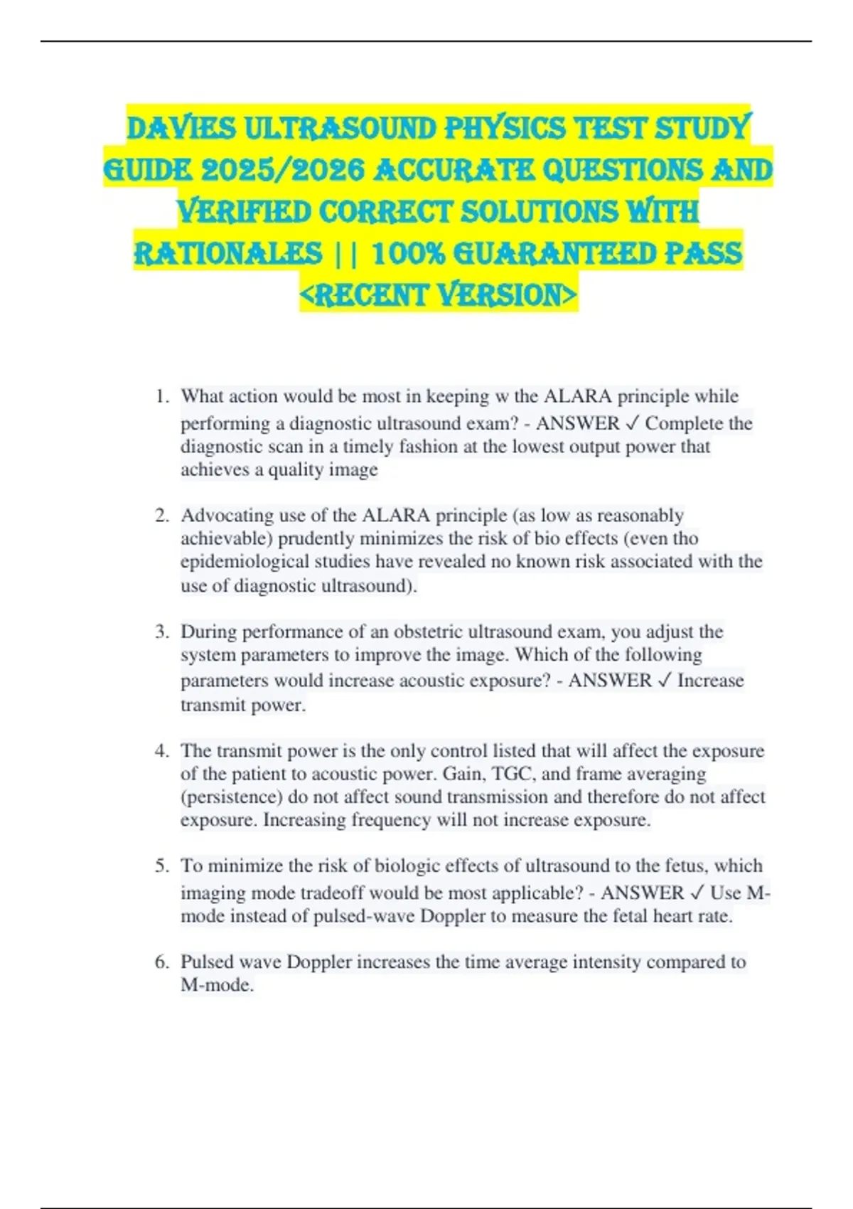 Davies Ultrasound Physics TEST STUDY GUIDE 2025/2026 ACCURATE QUESTIONS ...