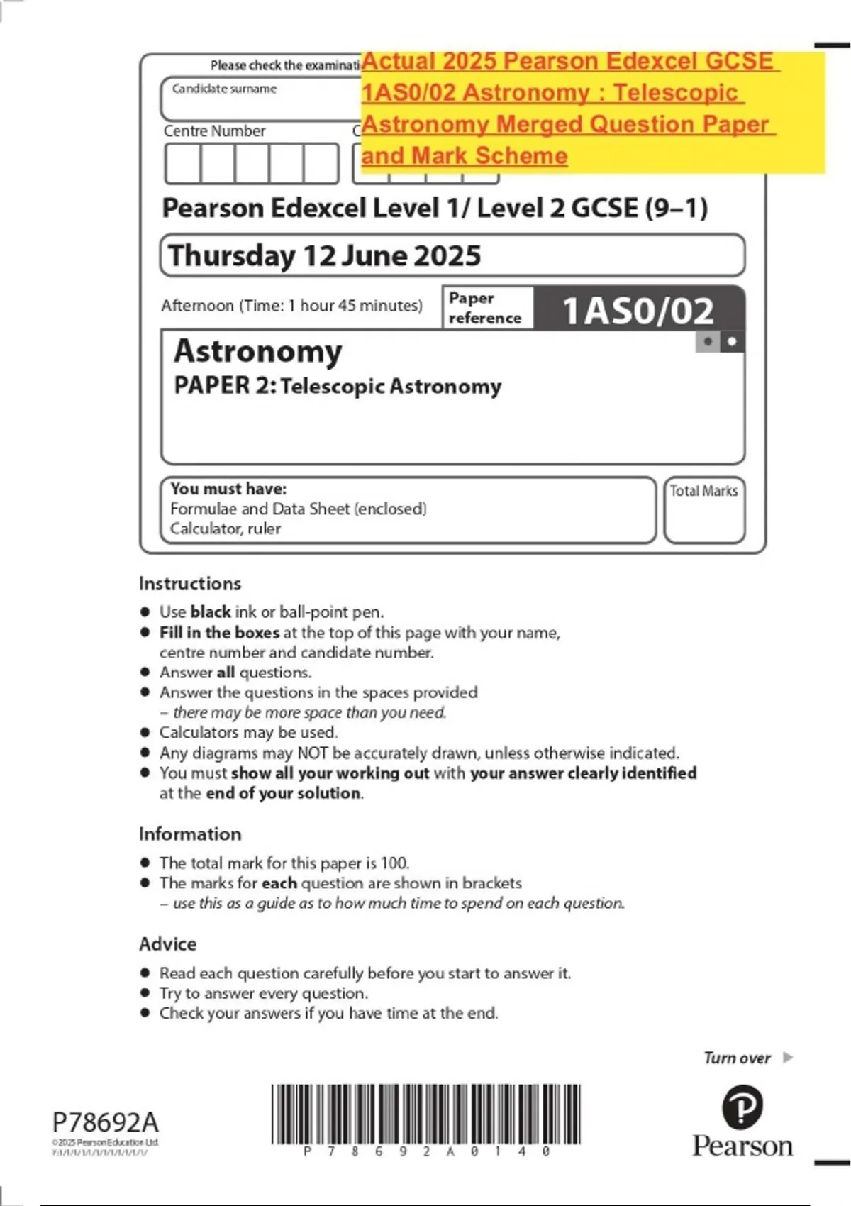 Actual 2025 Pearson Edexcel GCSE 1AS0/02 Astronomy : Telescopic ...
