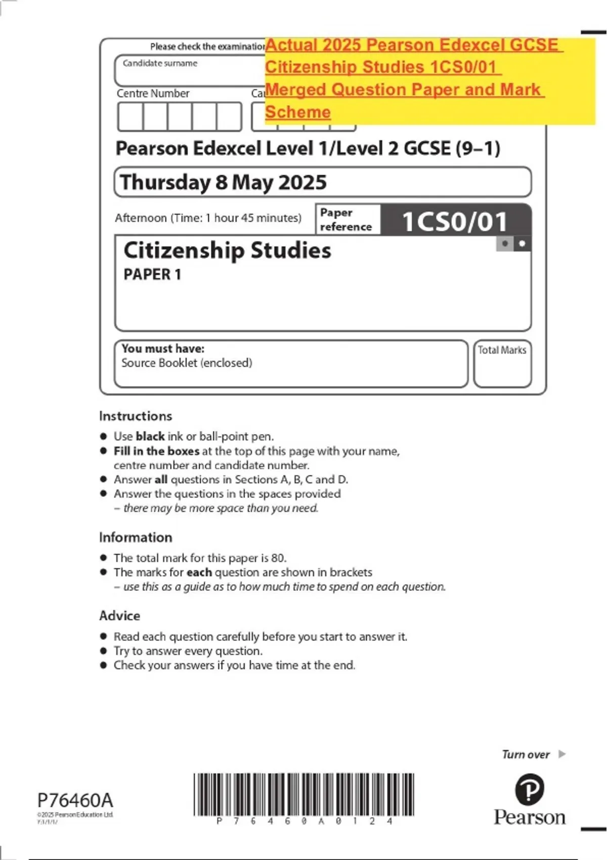 Actual 2025 Pearson Edexcel GCSE Citizenship Studies 1CS0/01 Merged ...