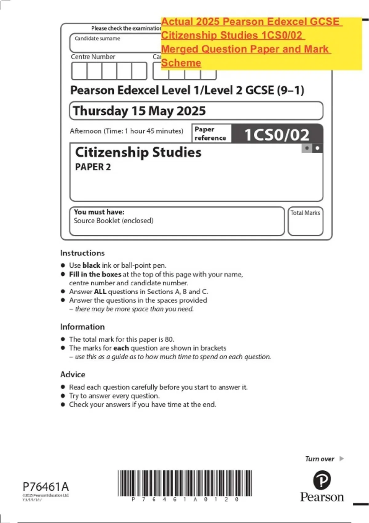 Actual 2025 Pearson Edexcel GCSE Citizenship Studies 1CS0/02 Merged ...