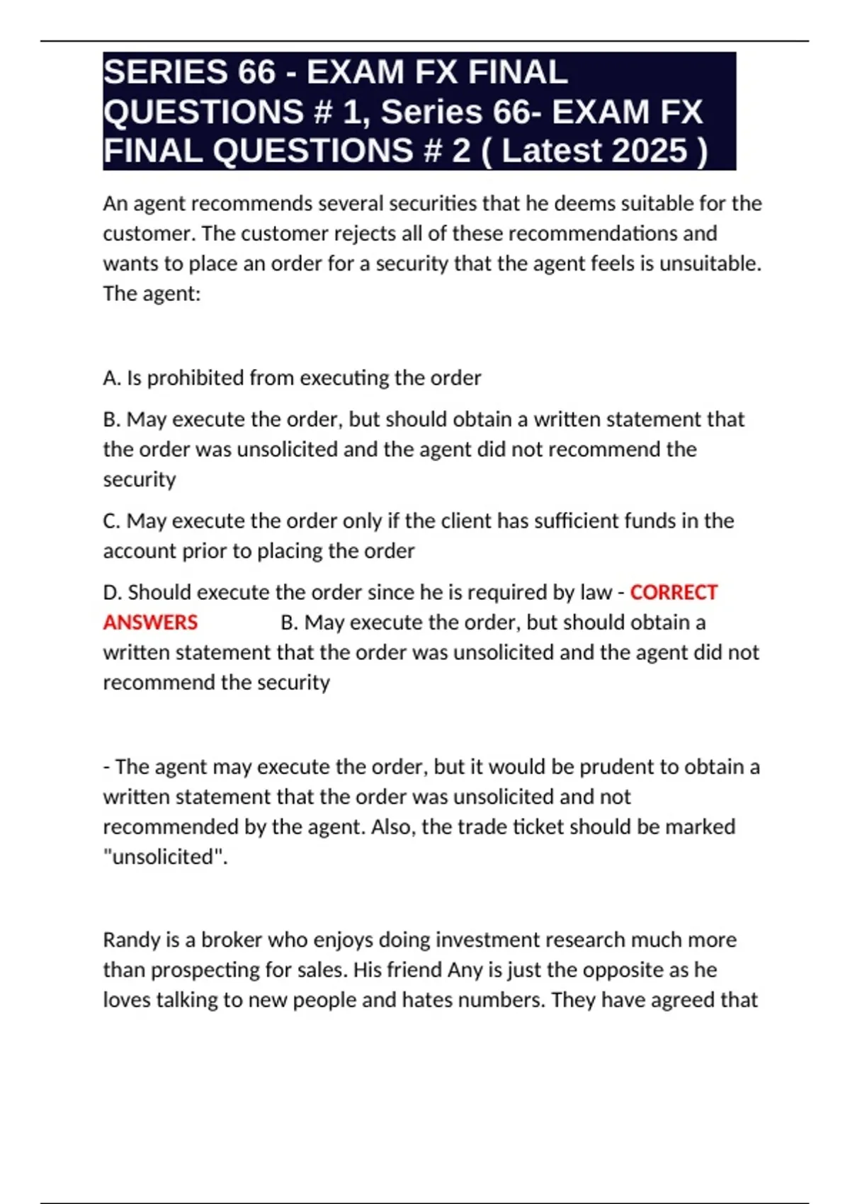 SERIES 66 - EXAM FX FINAL QUESTIONS - 1, Series 66- EXAM FX FINAL ...