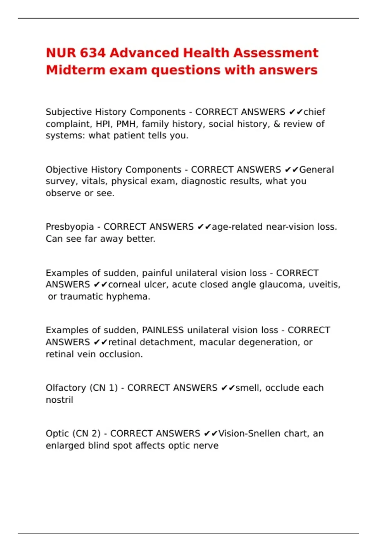 NUR 634 Advanced Health Assessment Midterm exam questions with answers - NUR 634 - Stuvia US
