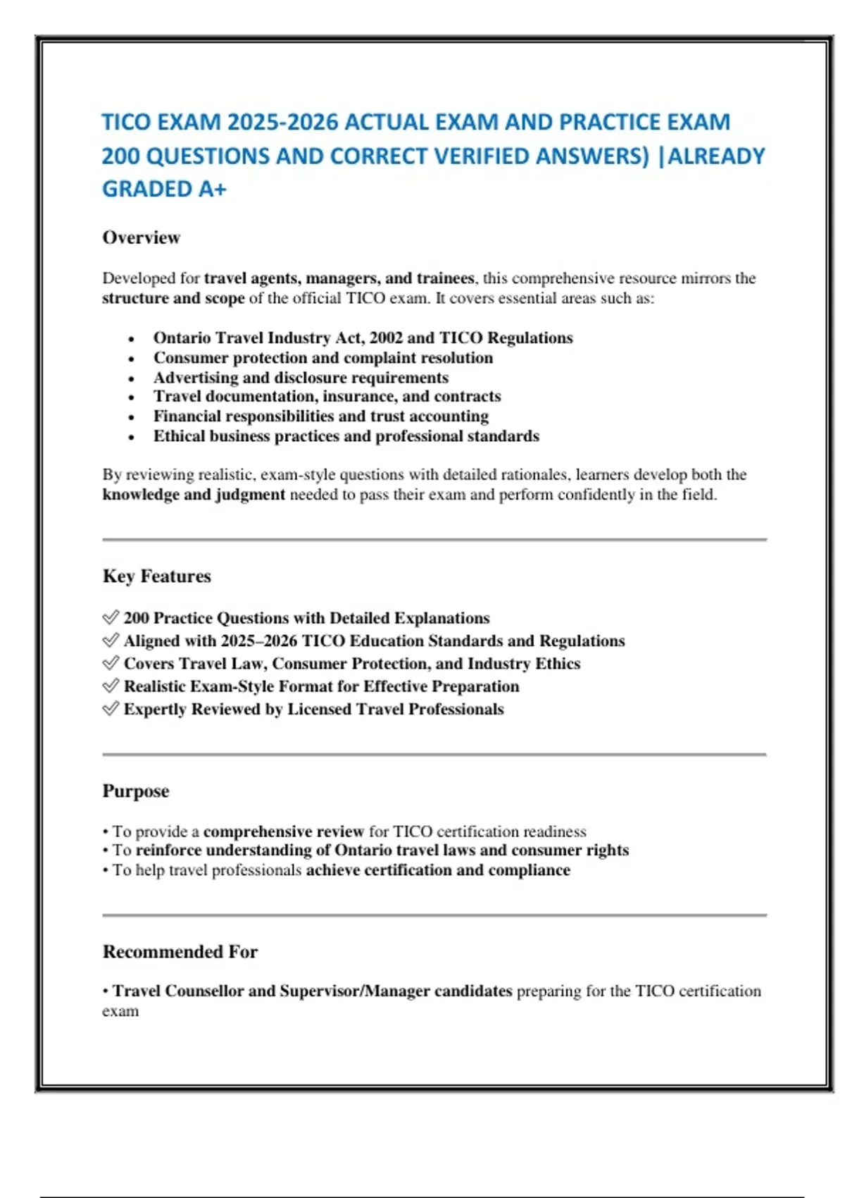 TICO EXAM ACTUAL EXAM AND PRACTICE EXAM 200 QUESTIONS AND CORRECT VERIFIED ANSWERS) |ALREADY ...