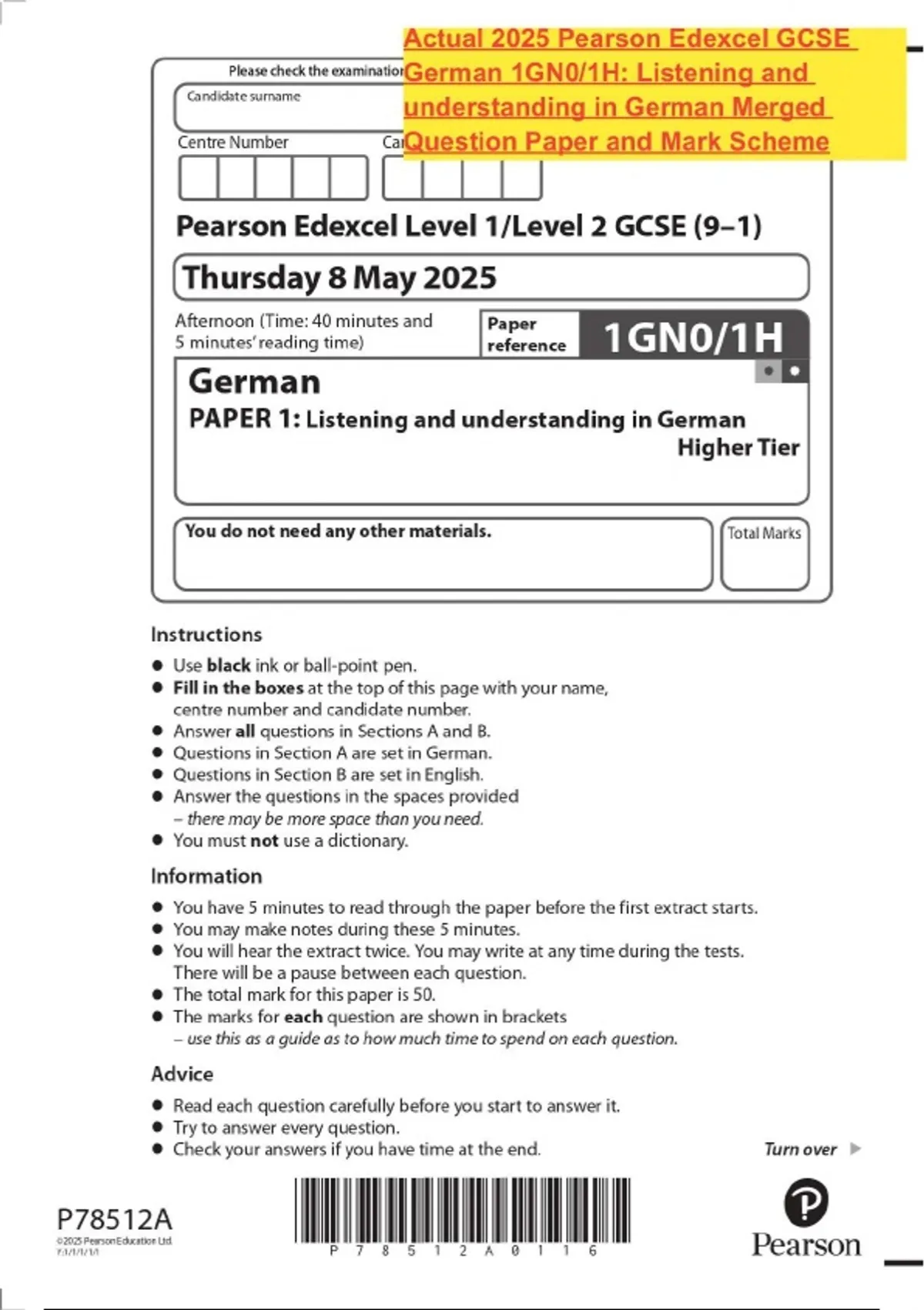 Actual 2025 Pearson Edexcel GCE in English Language and Literature 9EL0 ...