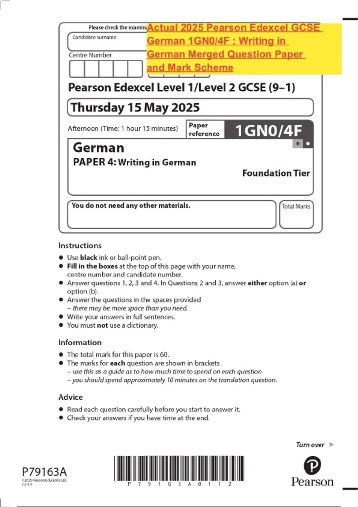 Actual 2025 Pearson Edexcel Level 3 GCE in English Language 9EN0/03 ...