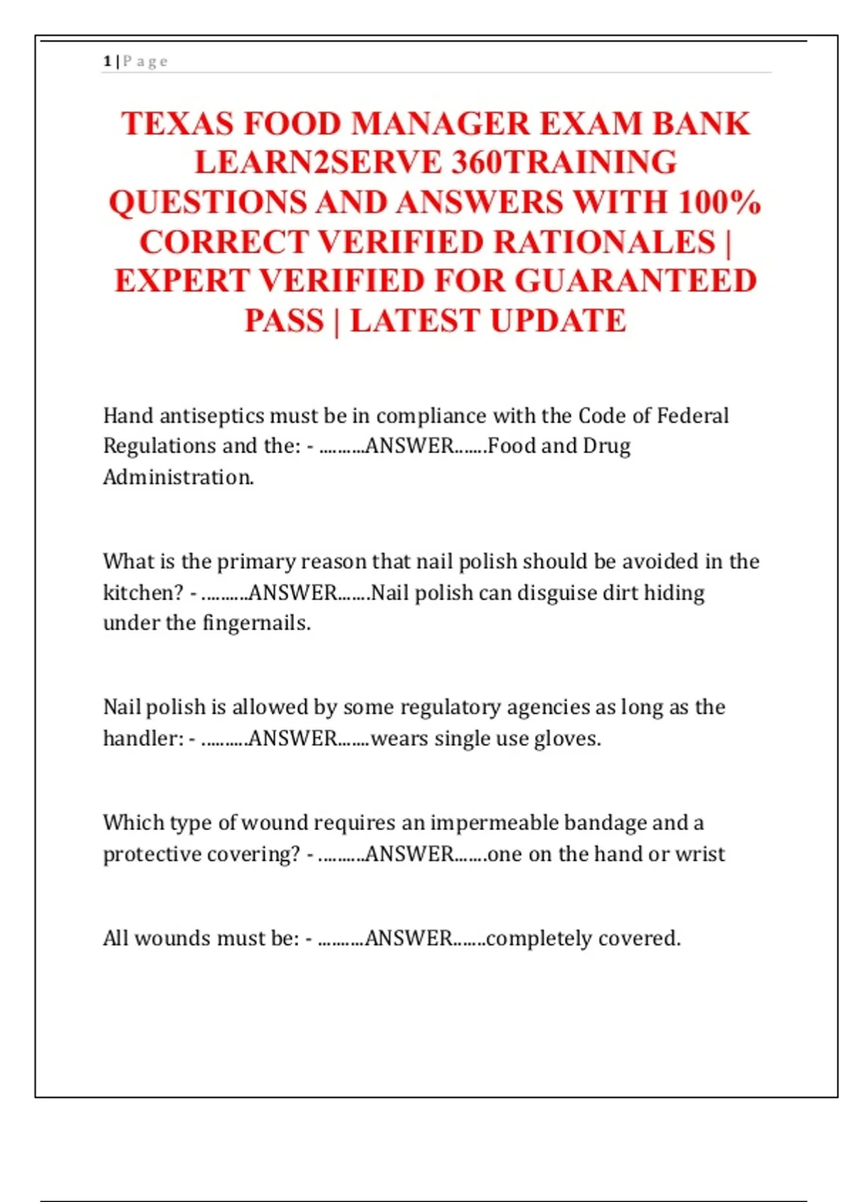 TEXAS FOOD MANAGER EXAM BANK LEARN2SERVE 360TRAINING QUESTIONS AND ...