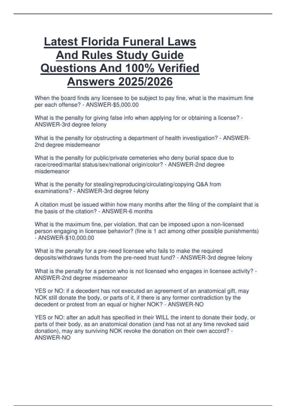 Latest Florida Funeral Laws And Rules Study Guide Questions And 100% ...