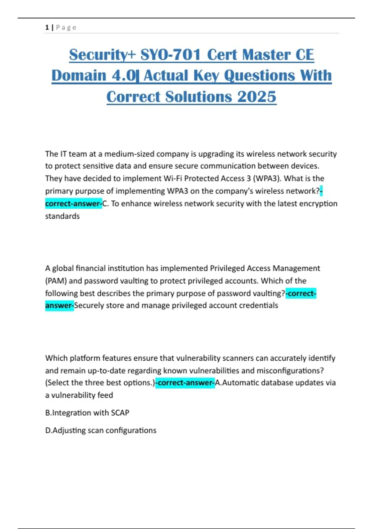 Security+ SYO-701 Cert Master CE Domain 4.0| Actual Key Questions With ...