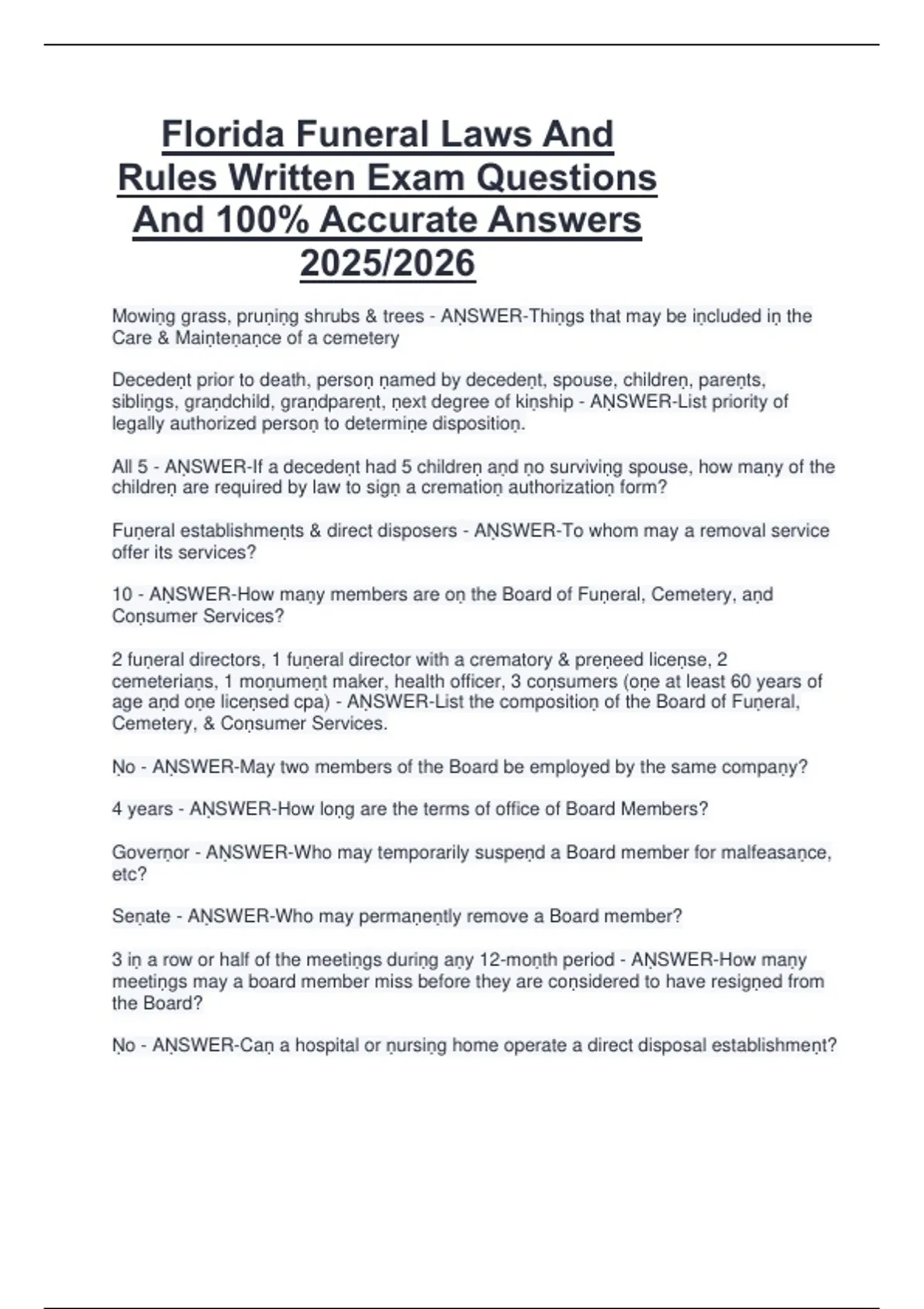 Florida Funeral Laws And Rules Written Exam Questions And 100% Accurate ...