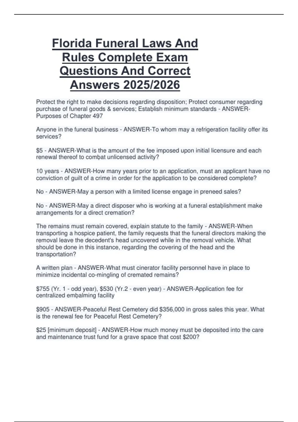 Florida Funeral Laws And Rules Complete Exam Questions And Correct ...