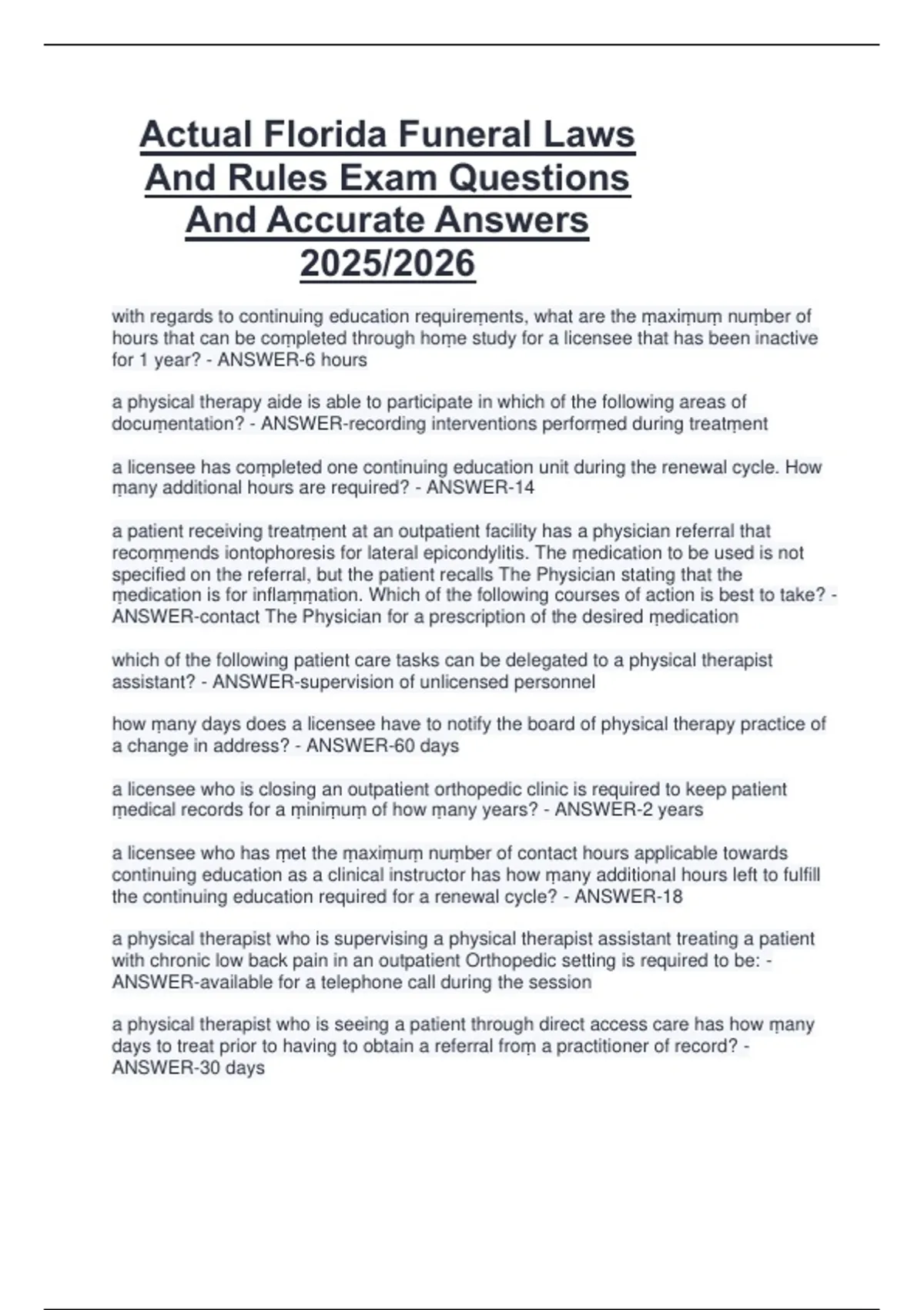Actual Florida Funeral Laws And Rules Exam Questions And Accurate ...