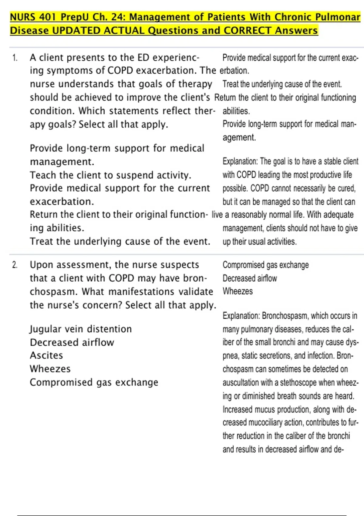NURS 401 PrepU Ch. 24: Management of Patients With Chronic Pulmonar ...