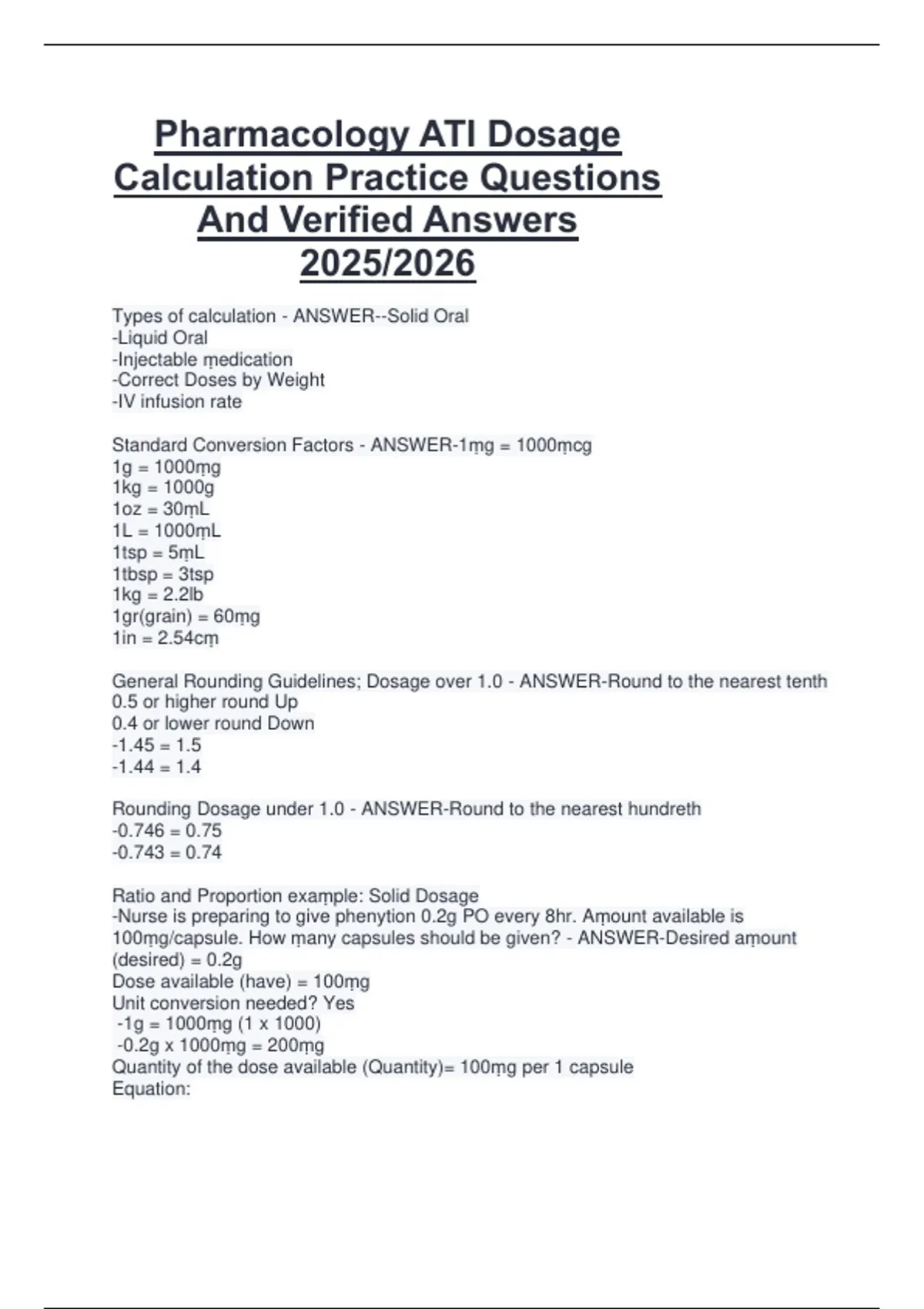 Pharmacology ATI Dosage Calculation Practice Questions And Verified Answers 2025/2026 - ATI ...
