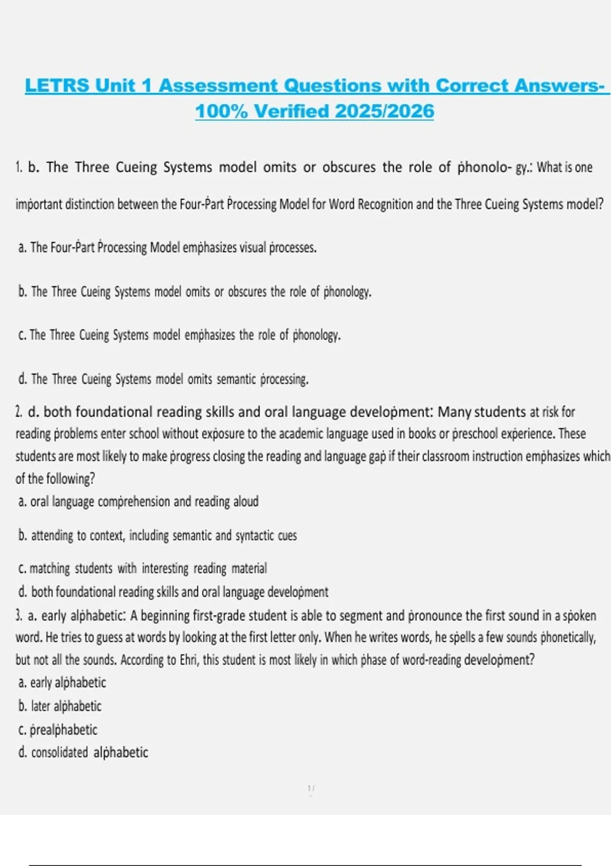 LETRS Unit 1 Assessment | Questions with Correct Answers | 100% ...