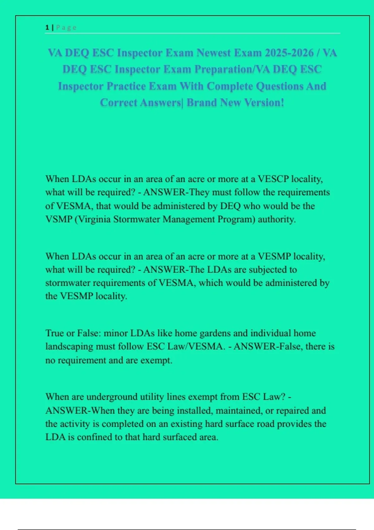 VA DEQ ESC Inspector Exam Newest Exam / VA DEQ ESC Inspector Exam ...