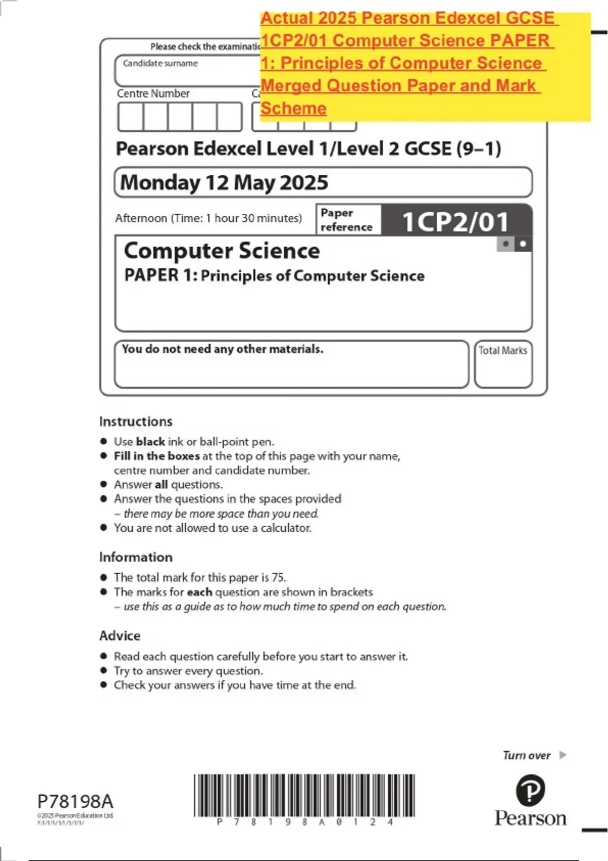 Actual 2025 Pearson Edexcel GCSE 1CP2/01 Computer Science PAPER 1 ...