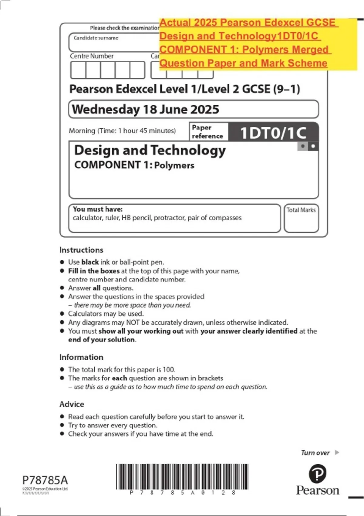 Actual 2025 Pearson Edexcel GCSE Design and Technology1DT0/1C COMPONENT ...