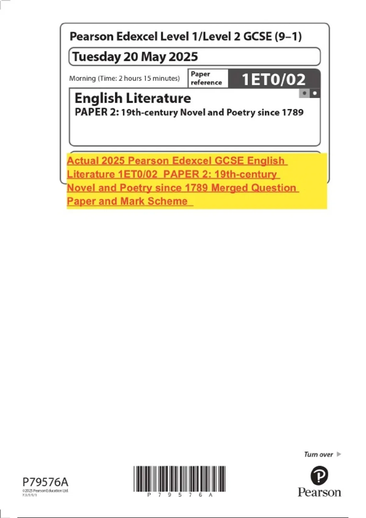 Actual 2025 Pearson Edexcel GCSE English Literature 1ET0/02 PAPER 2 ...