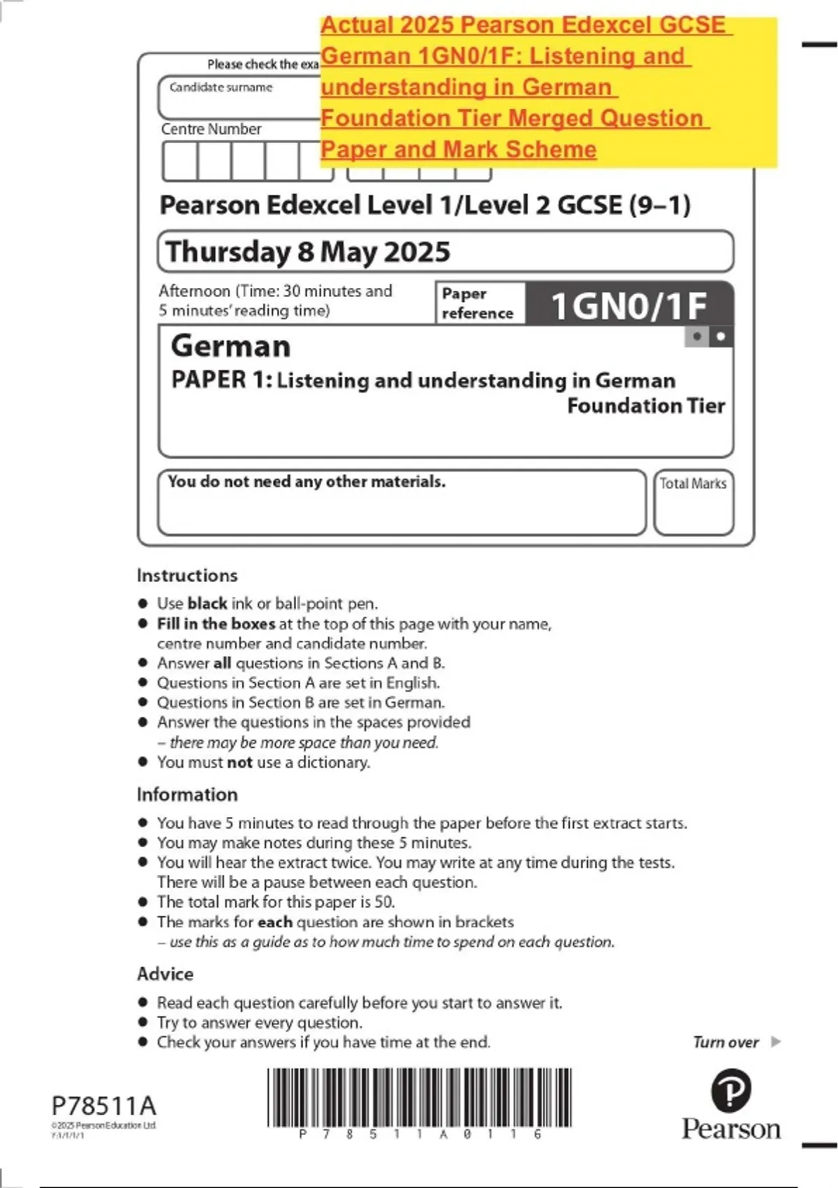 Actual 2025 Pearson Edexcel GCSE German 1GN0/1F: Listening and ...