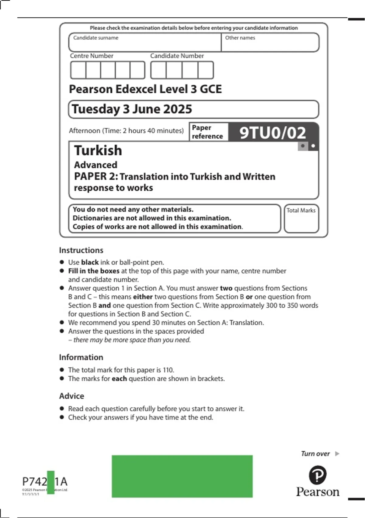 A-Level EDEXCEL 2025 Turkish PAPER 2 - Pearson edexcel - Stuvia US