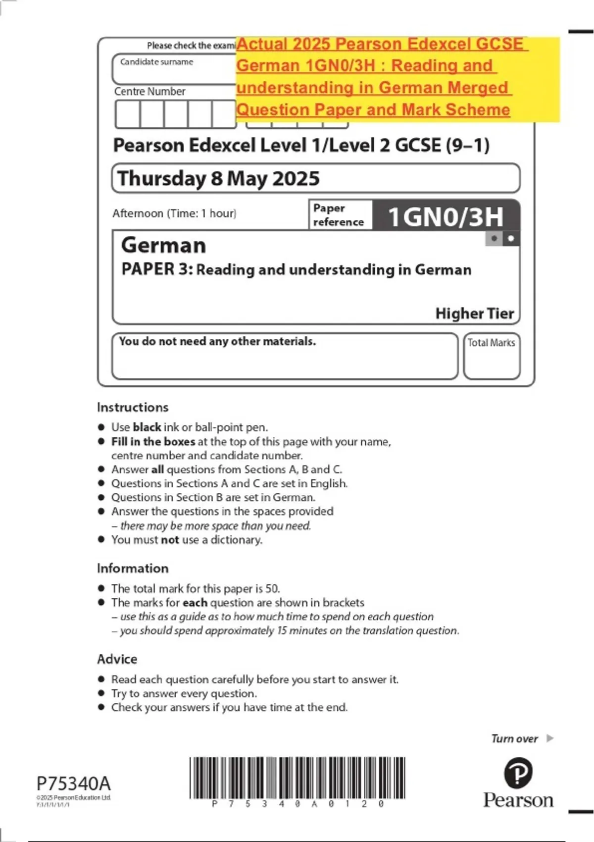 Actual 2025 Pearson Edexcel GCSE German 1GN0/3H : Reading and ...