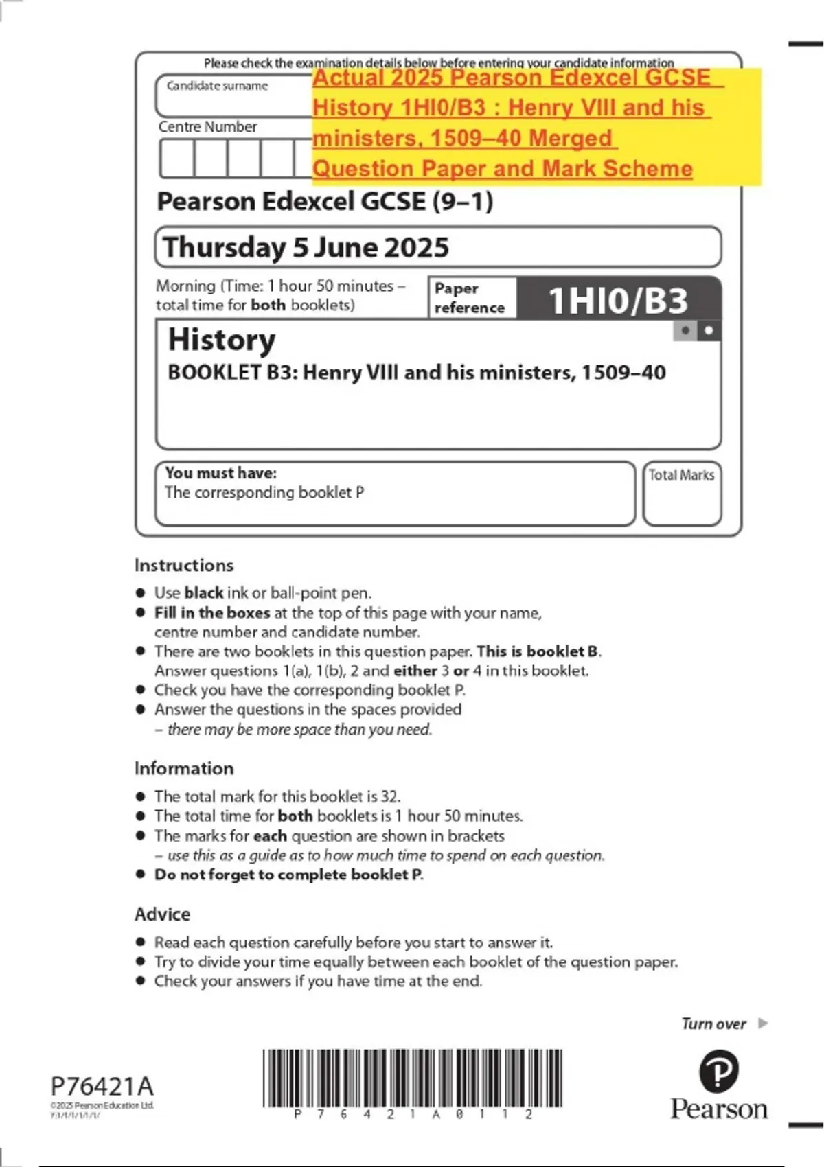 Actual 2025 Pearson Edexcel GCSE History 1HI0/B3 : Henry VIII and his ...