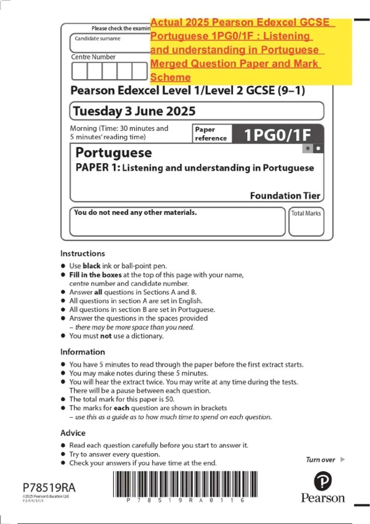 Actual 2025 Pearson Edexcel GCSE Portuguese 1PG0/1F : Listening and ...