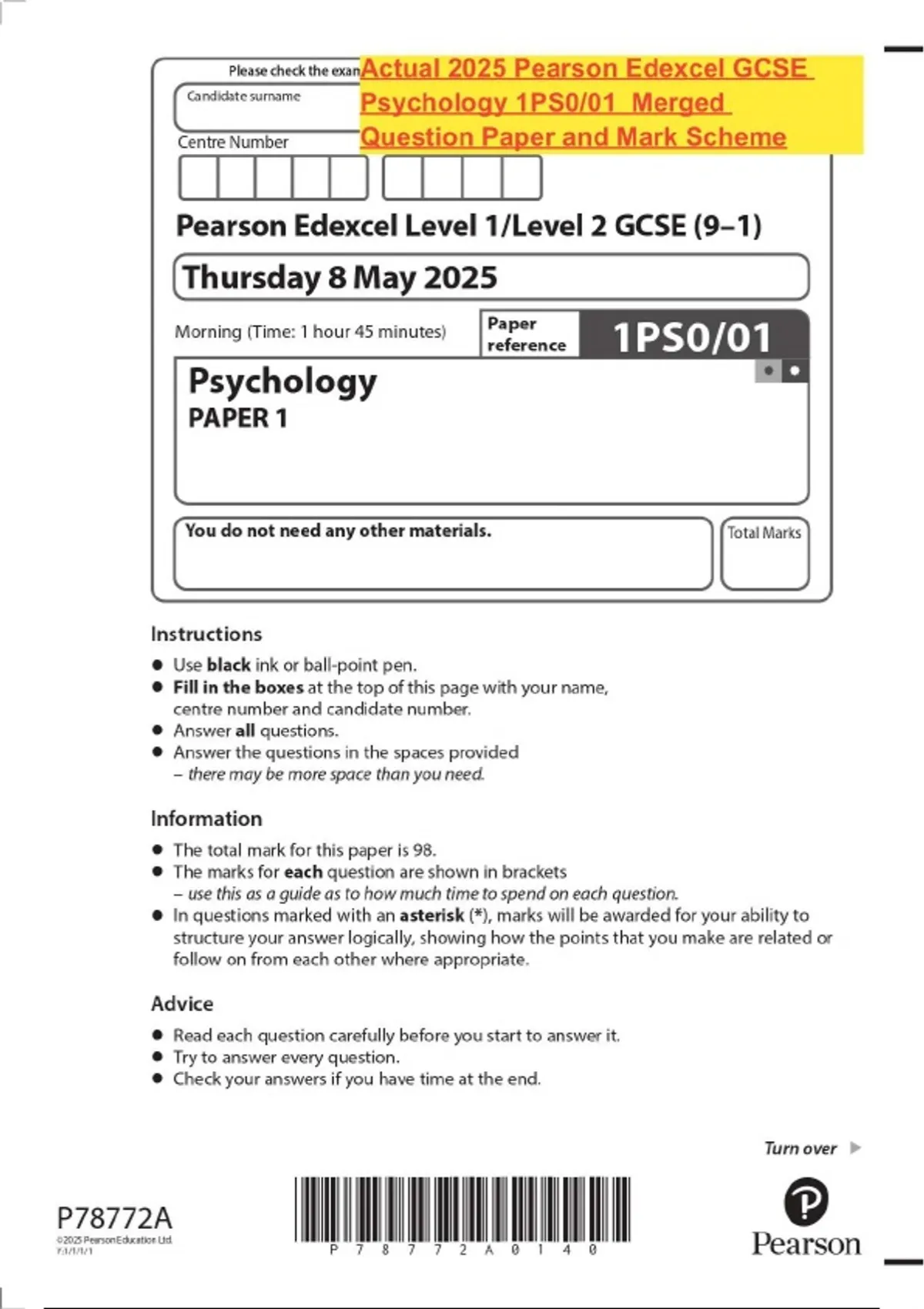 Actual 2025 Pearson Edexcel GCSE Psychology 1PS0/01 Merged Question ...