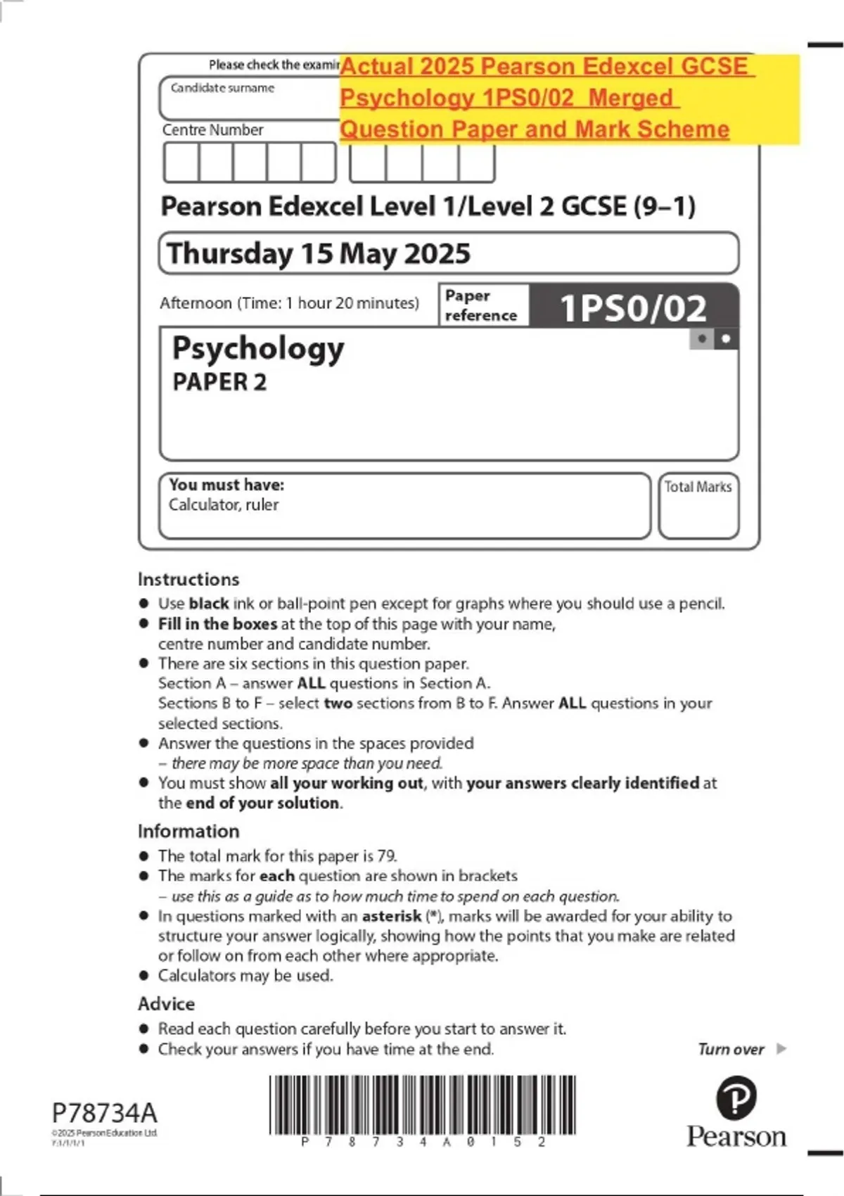 Actual 2025 Pearson Edexcel GCSE Psychology 1PS0/02 Merged Question ...
