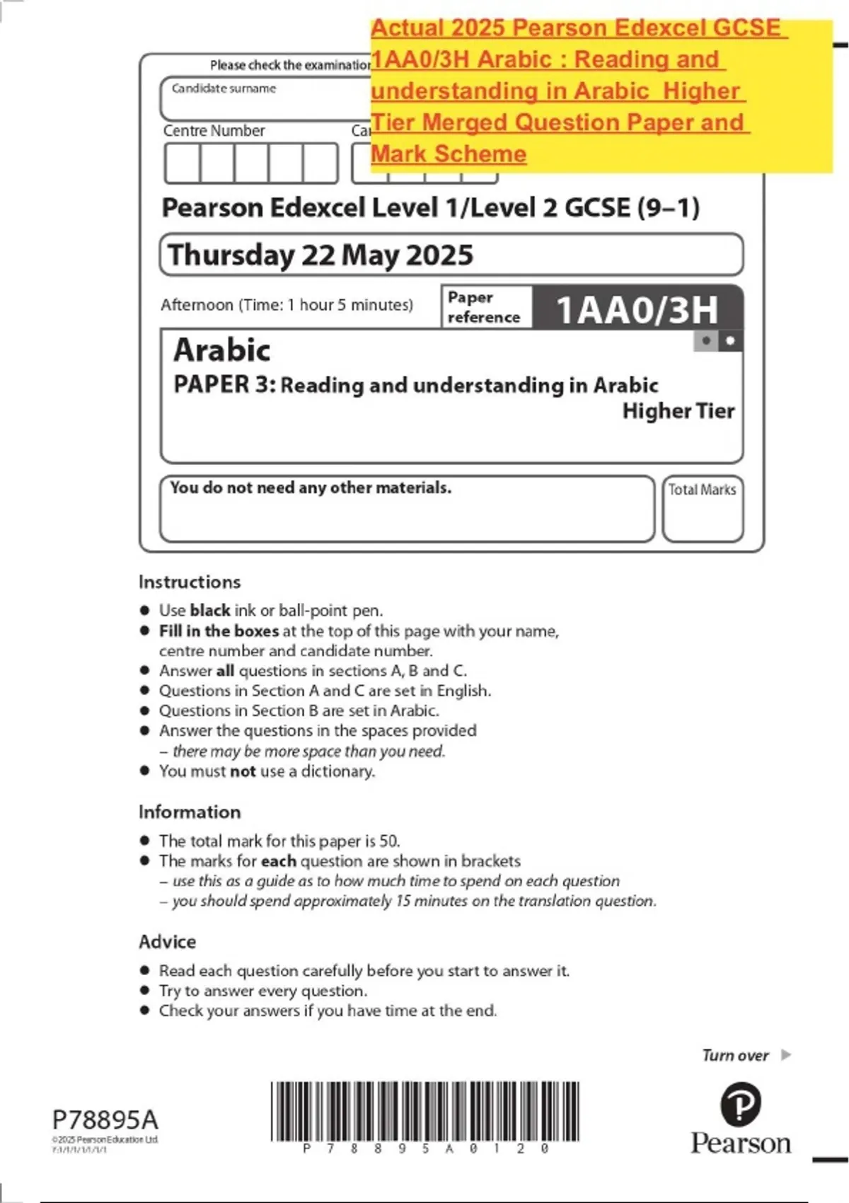 Actual 2025 Pearson Edexcel GCSE 1AA0/3H Arabic : Reading and ...