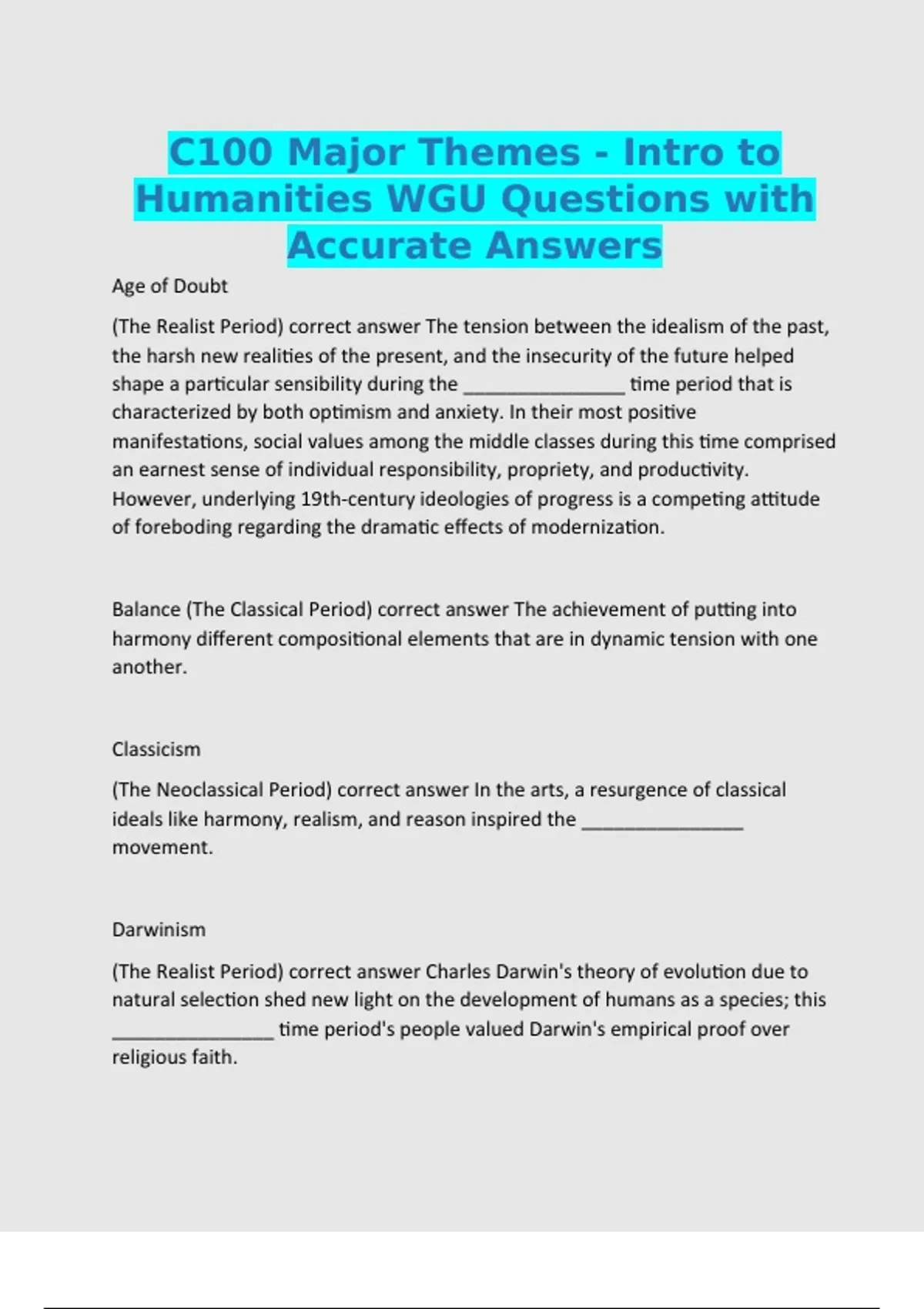 C100 Major Themes - Intro to Humanities WGU Questions with Accurate ...