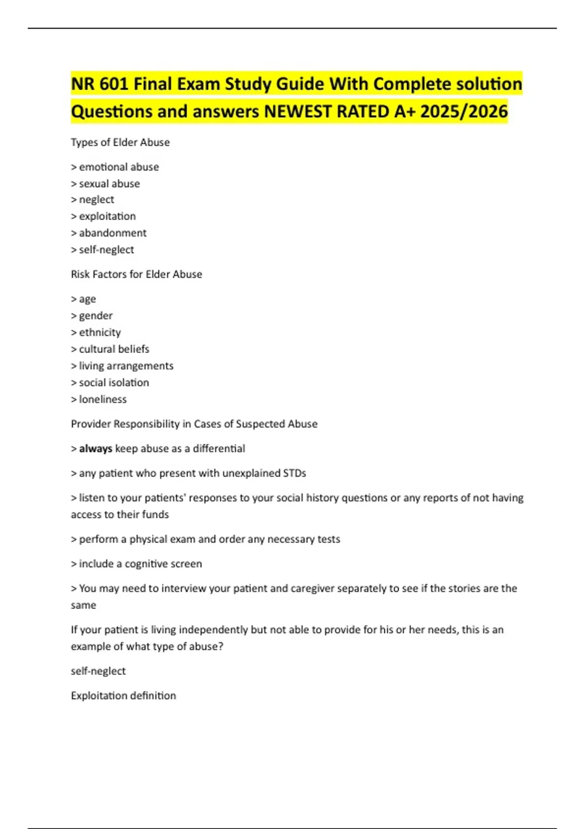 NR 601 Final Exam Study Guide With Complete solution Questions and ...