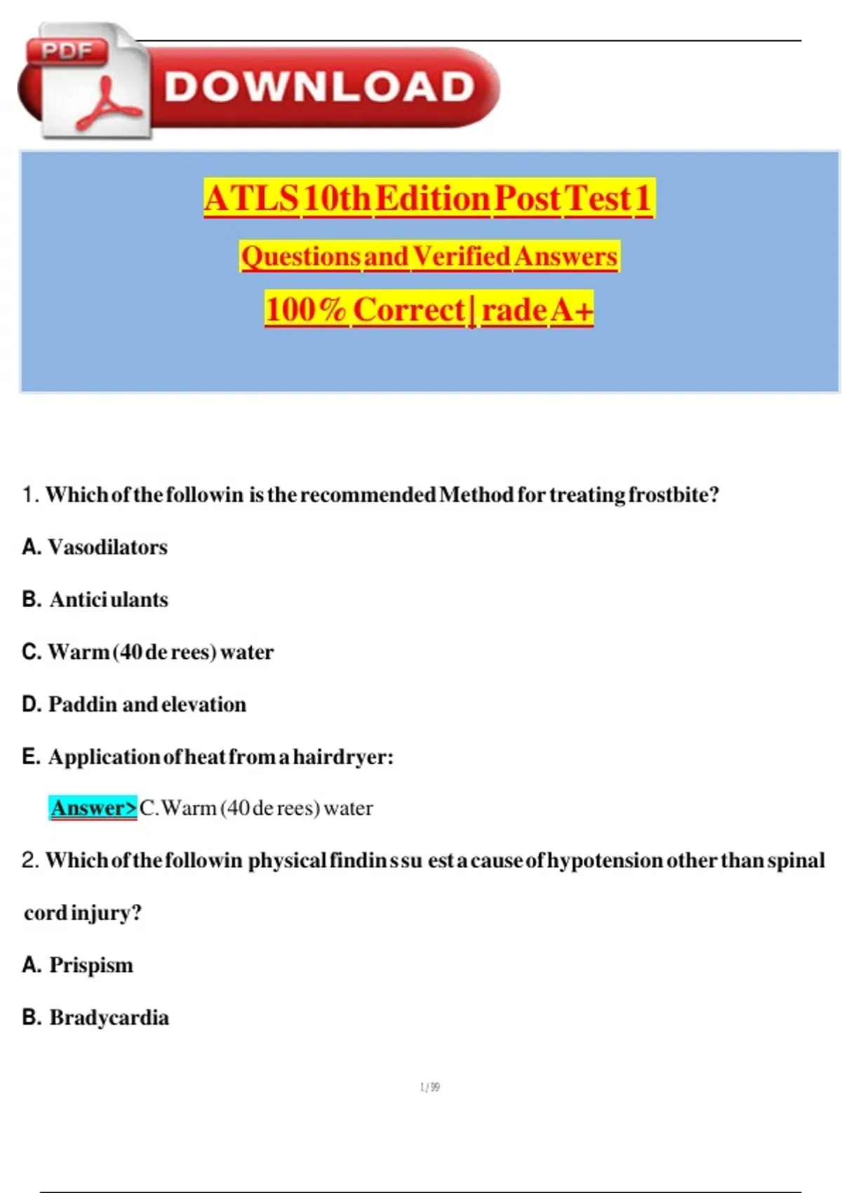 ATLS 10th Edition Post Test Actual Questions with Verified Answers ...