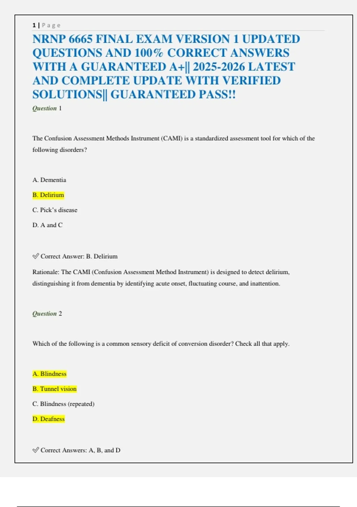 NRNP 6665 FINAL EXAM VERSION 1 UPDATED QUESTIONS AND 100% CORRECT ANSWERS WITH A GUARANTEED A+ ...