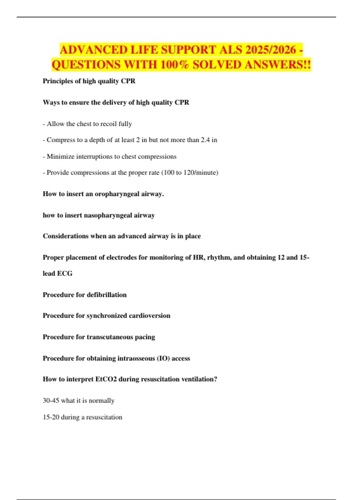 ADVANCED LIFE SUPPORT ALS 2025/2026 - QUESTIONS WITH 100% SOLVED ...