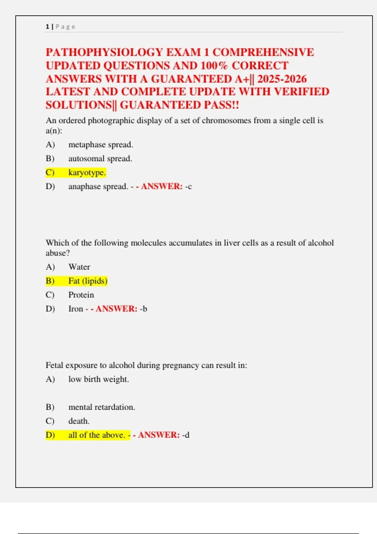 PATHOPHYSIOLOGY EXAM 1 COMPREHENSIVE UPDATED QUESTIONS AND 100% CORRECT ...