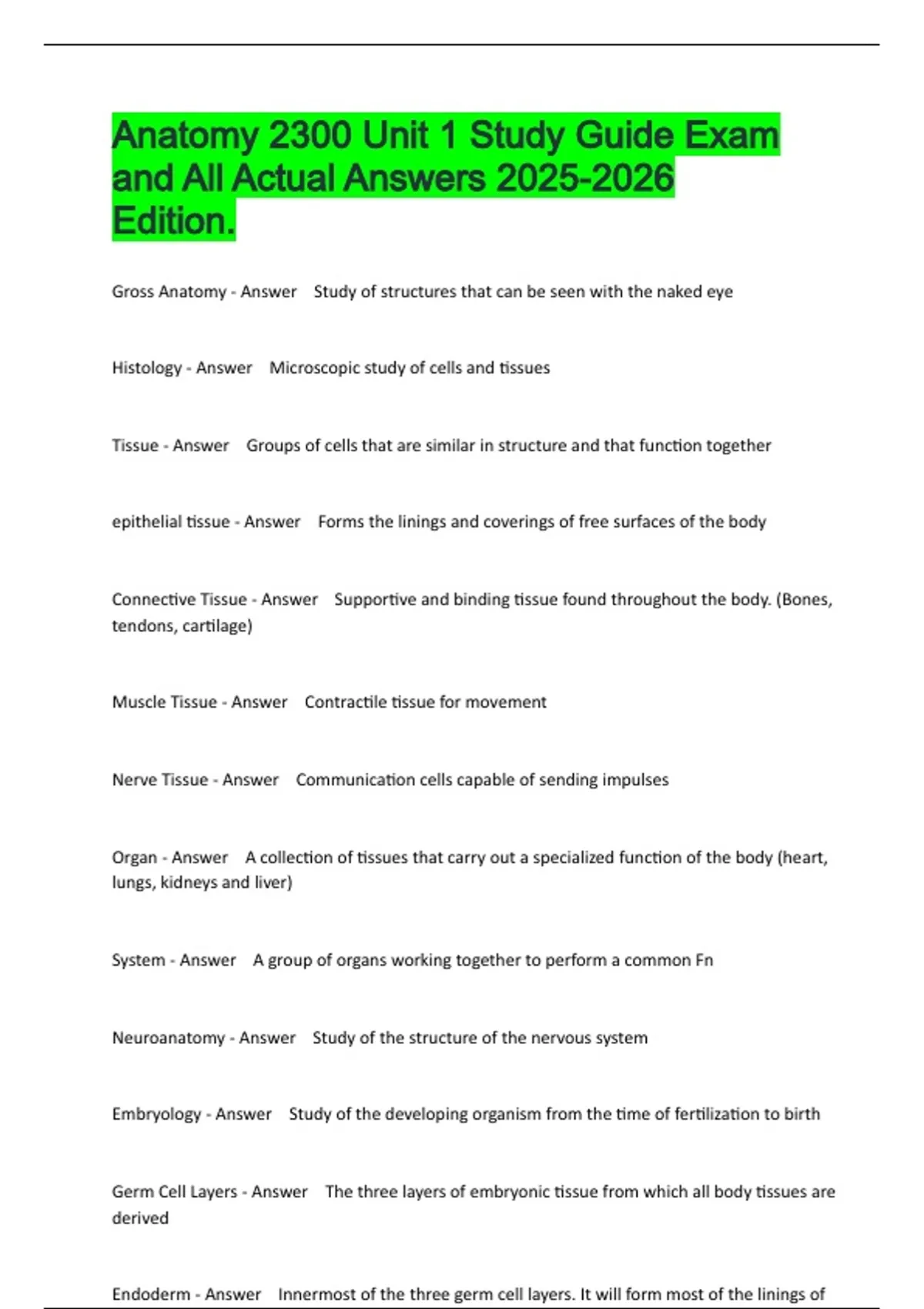Anatomy 2300 Unit 1 Study Guide Exam and All Actual Answers Edition ...