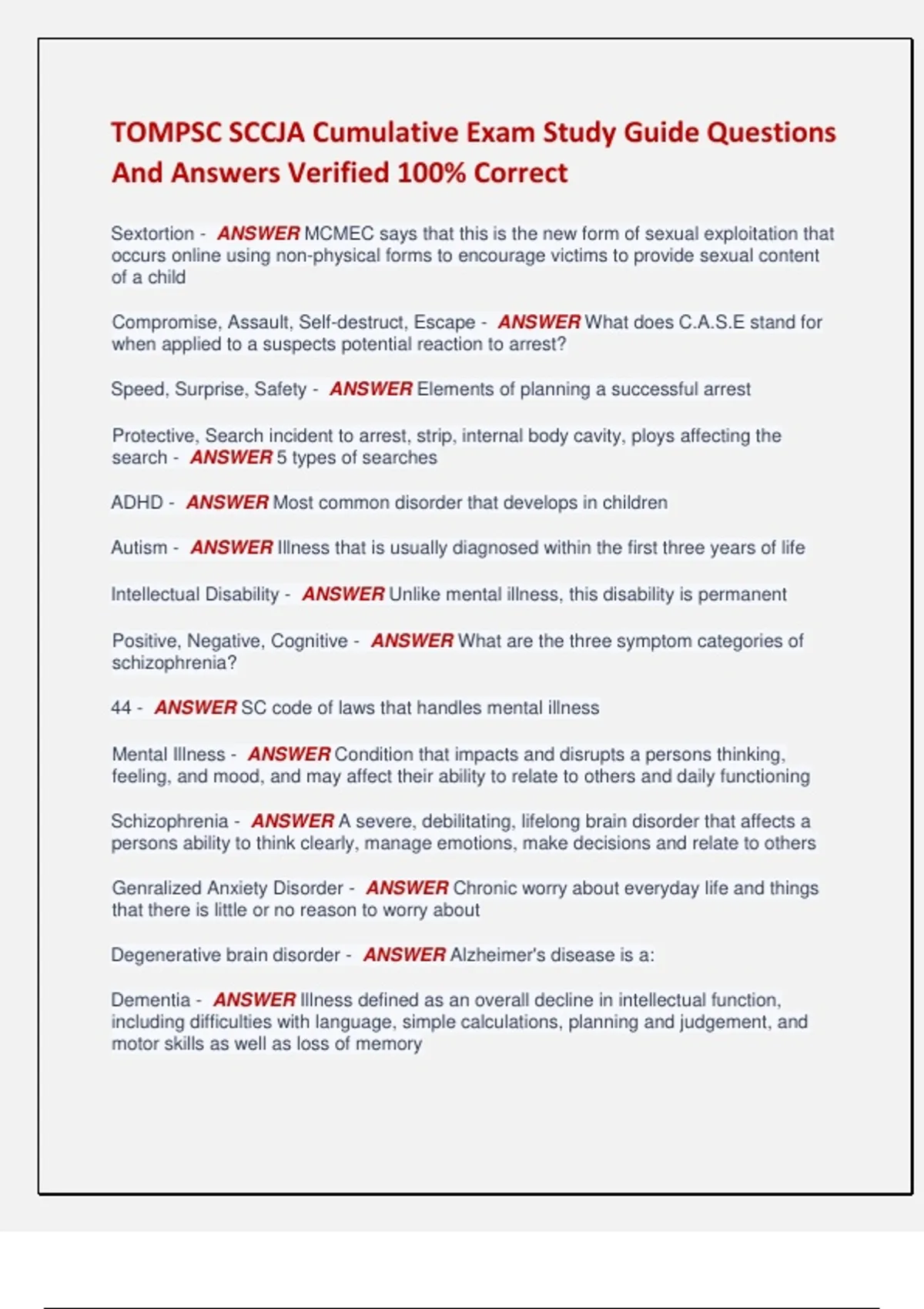 TOMPSC SCCJA Cumulative Exam Study Guide Questions And Answers Verified ...