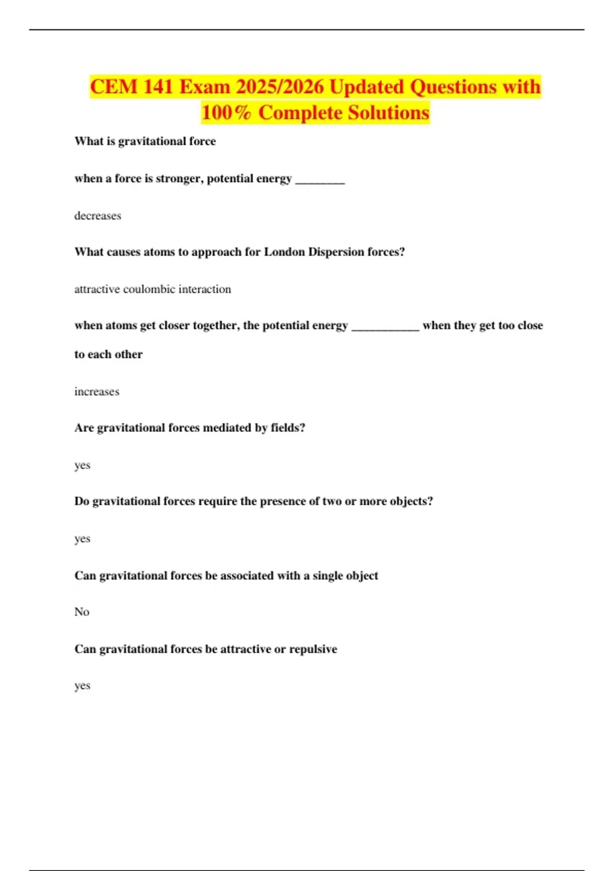 CEM 141 Exam 2025/2026 Updated Questions with 100% Complete Solutions ...